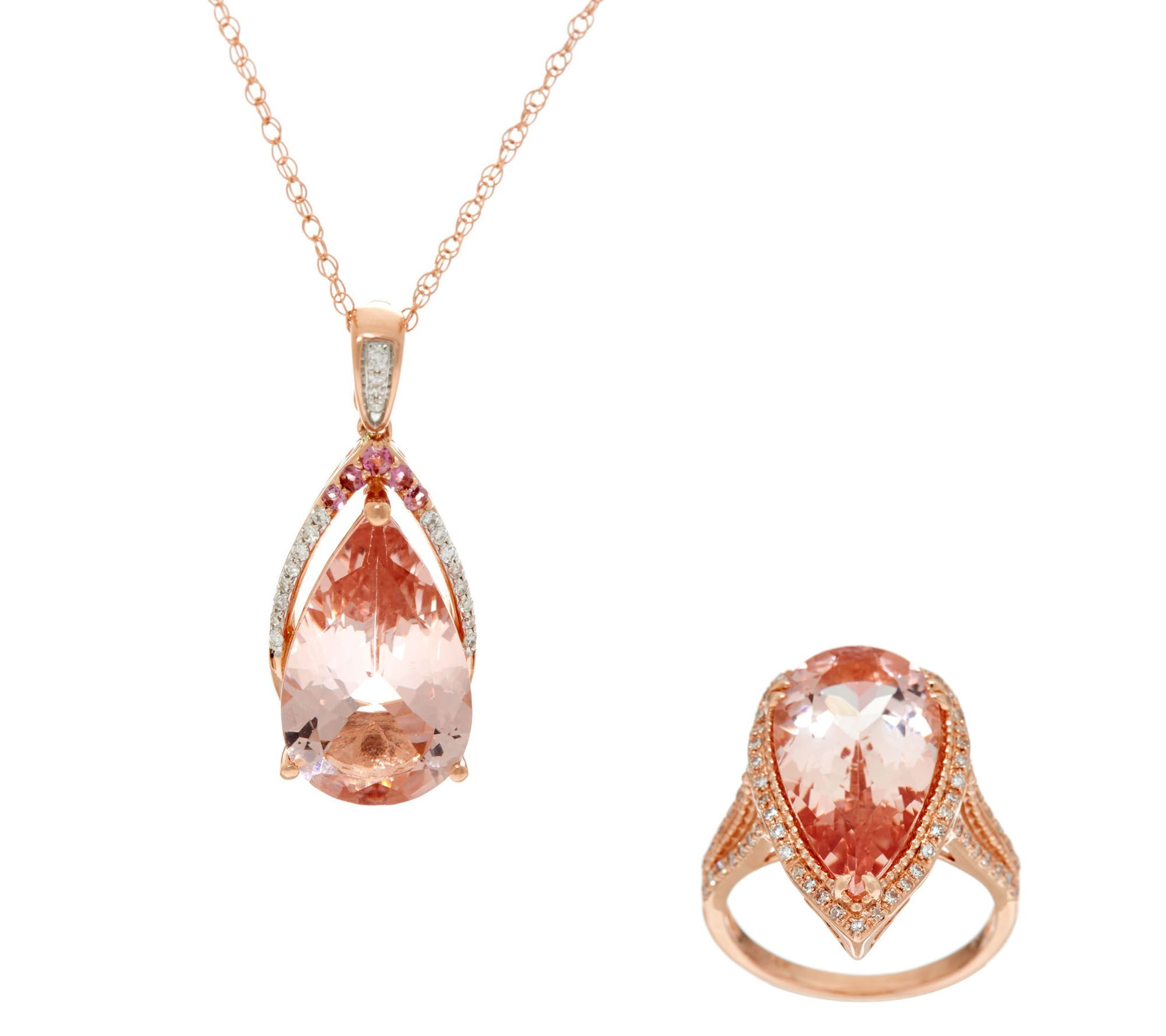Pear Shaped Morganite & Diamond Ring or Enhancer w/ Chain 14K Gold ...