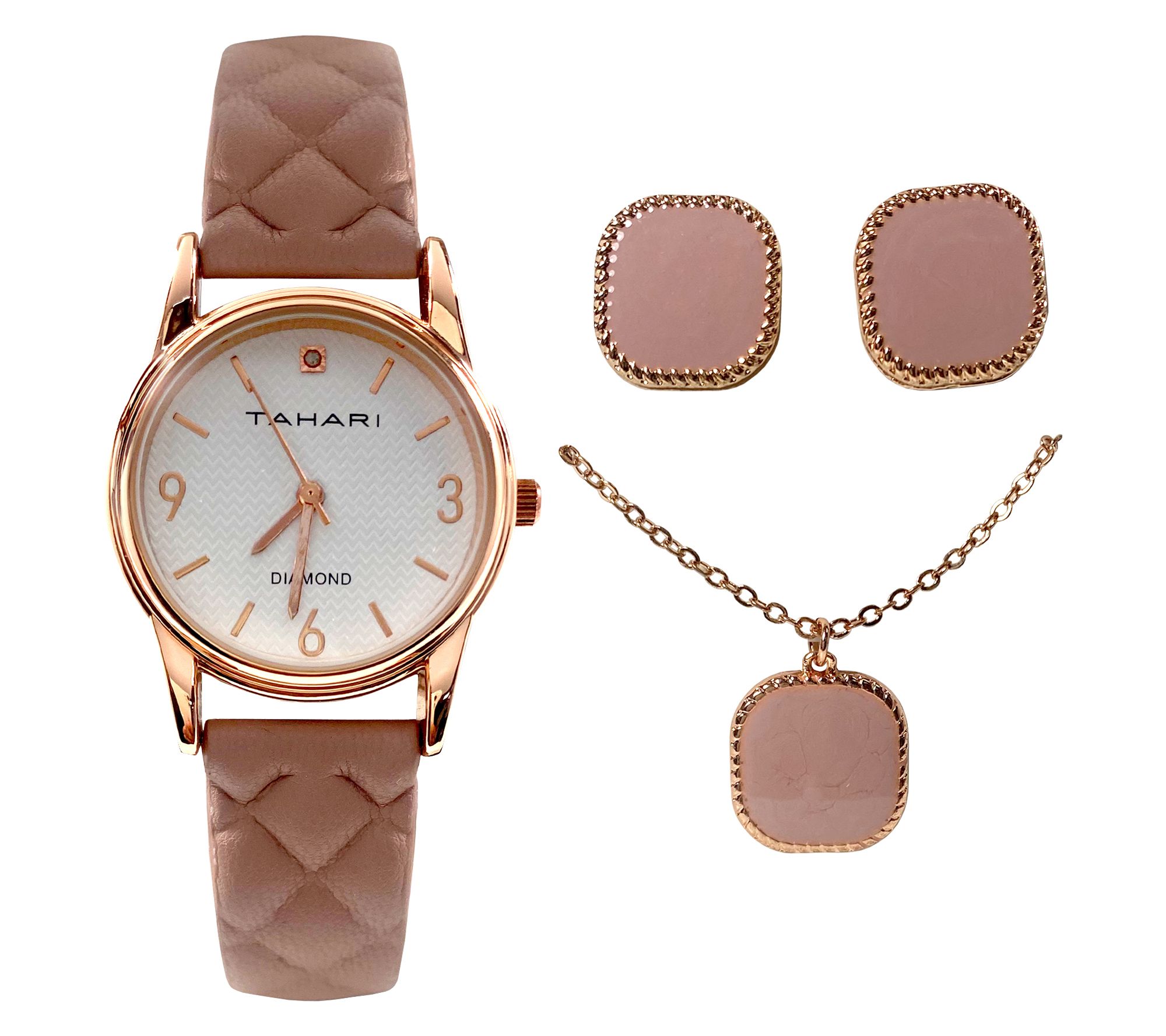 Tahari Women's Rose Gold 3pc Watch Set w Earingand Necklace - QVC.com