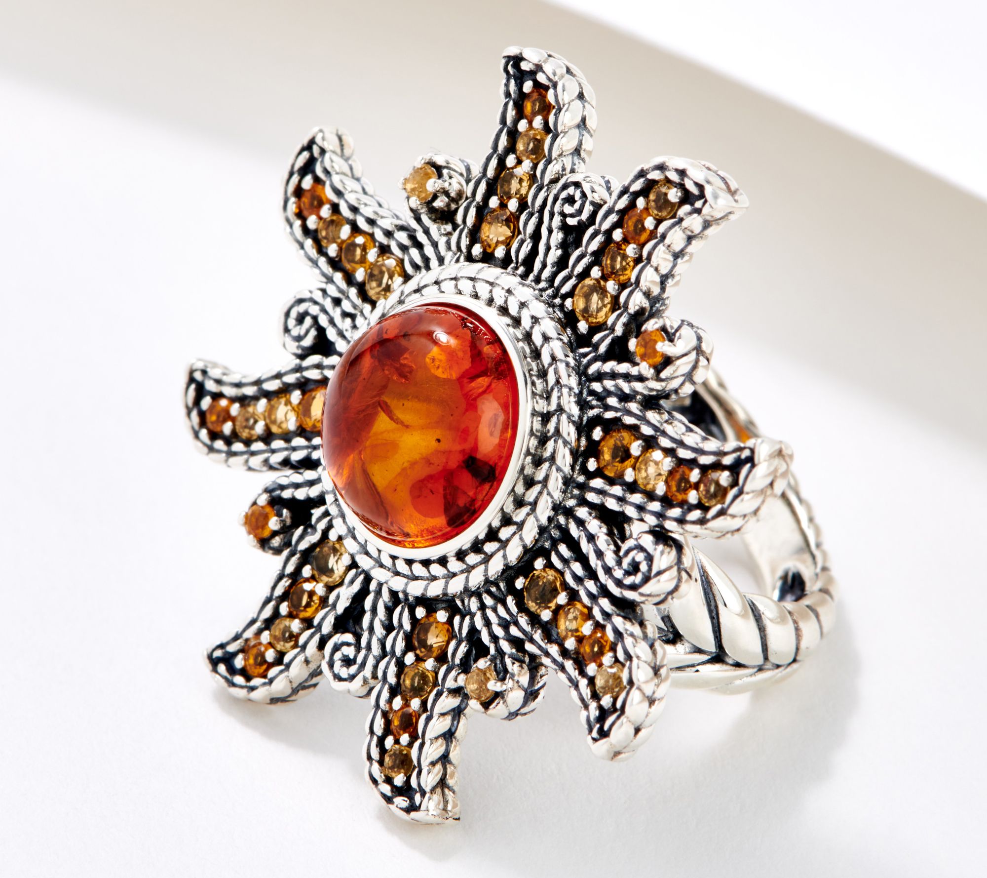 "As Is" JAI Sterling Silver Amber Sun Ring - QVC.com