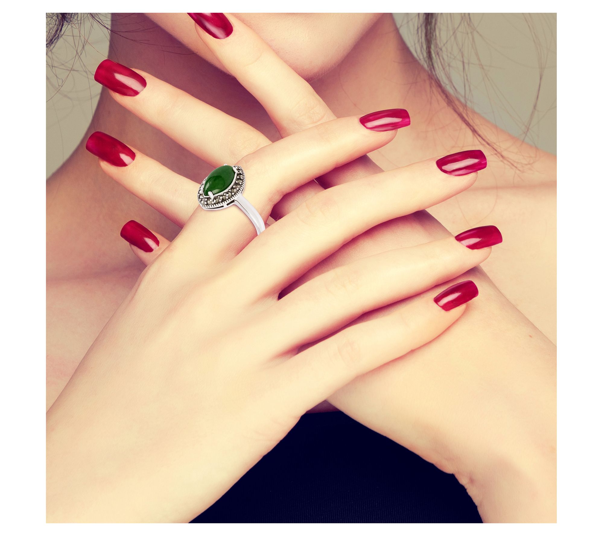 Suspicion Sterling Silver Jade& Marcasite Marquise Halo Ring - QVC.com