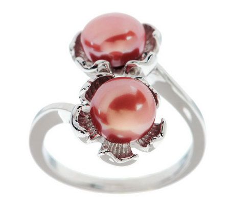 Honora Cultured Pearl 7.0mm Button Sterling Flower Bypass Ring - QVC.com