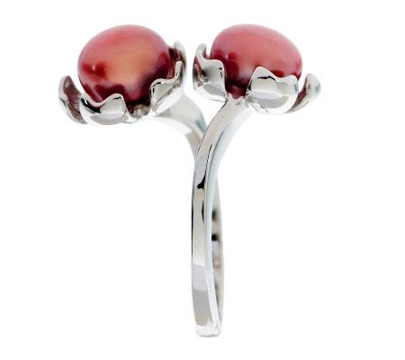 Honora Cultured Pearl 7.0mm Button Sterling Flower Bypass Ring - QVC.com