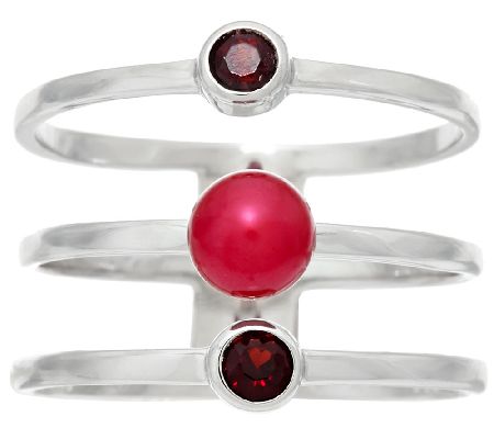 Honora Cultured Pearl 5.0mm and Gemstone Triple Band Sterling Ring ...