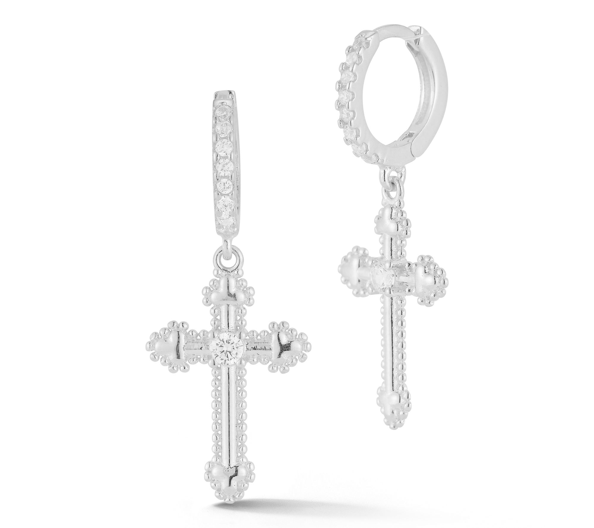Sterlina Silver Pave Budded Cross Hoop Earrings, Sterling - QVC.com