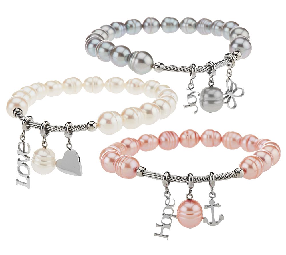 Honora Harmony Cultured Pearl S/3 Stretch Bracelets - QVC.com
