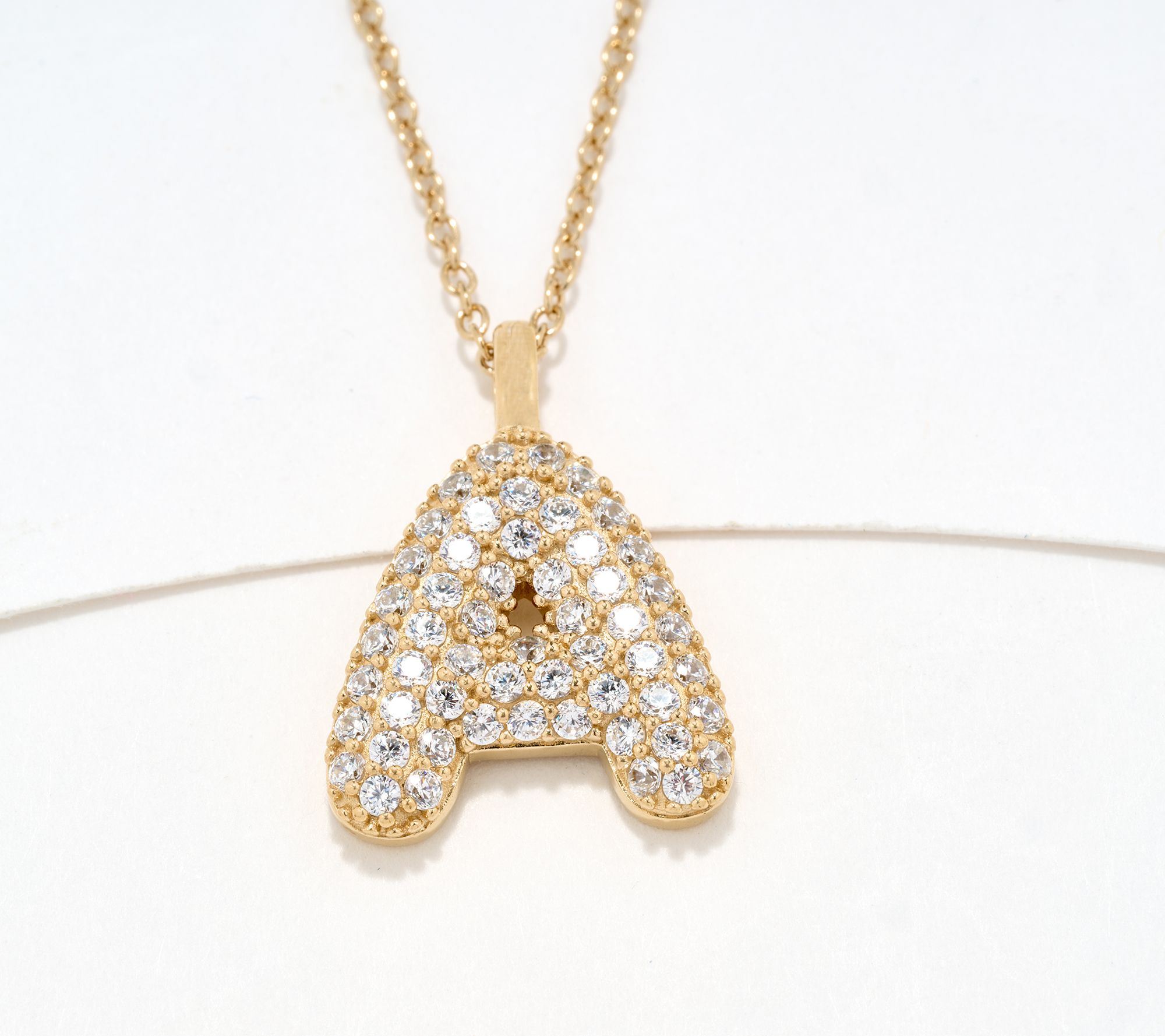 Diamonique Puffy Initial Necklace, 14K Gold Plated - QVC.com
