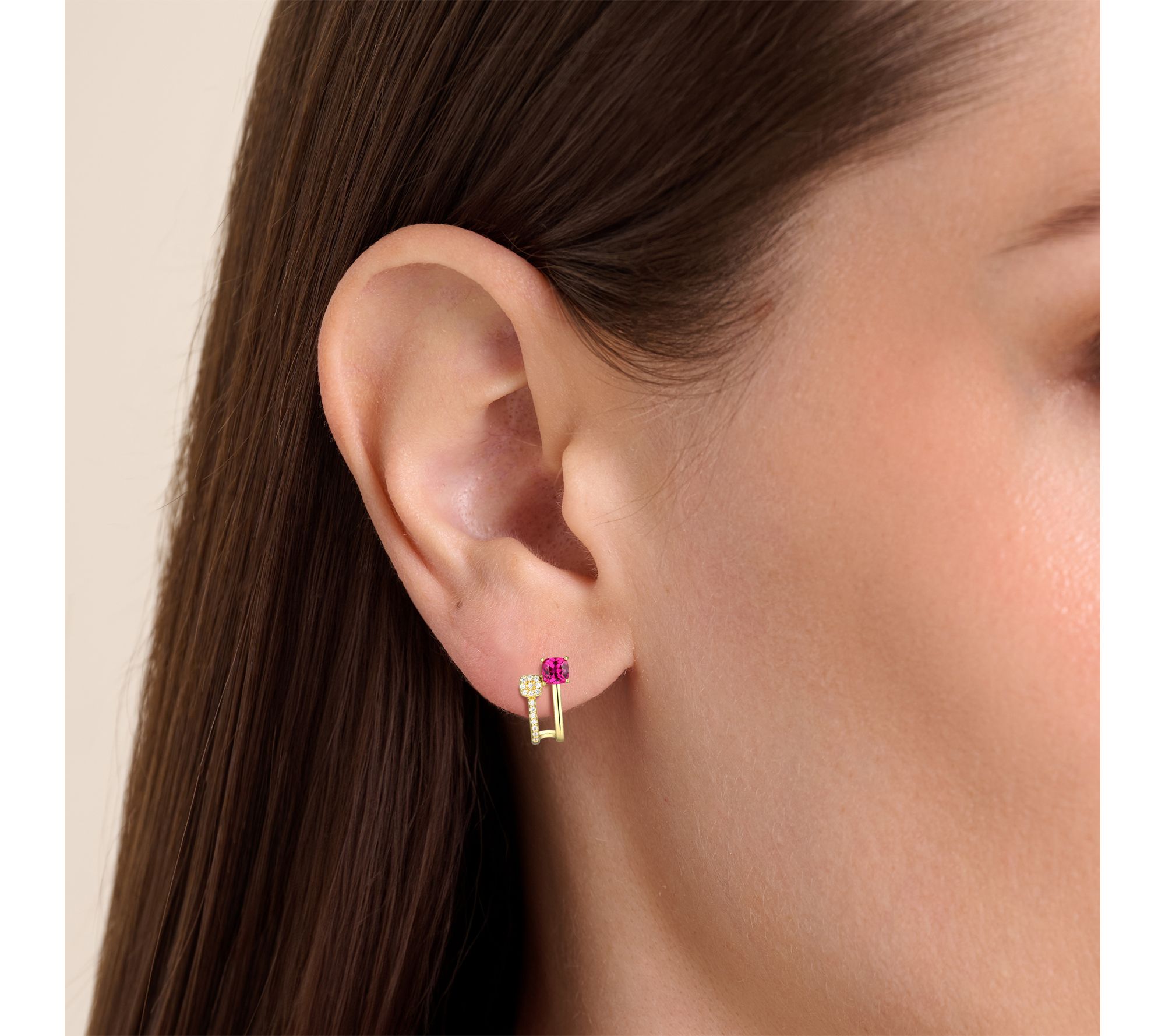 LuxLab Grown Gemstone & Diamond J-Hoop Earrings , 18K Plated - QVC.com