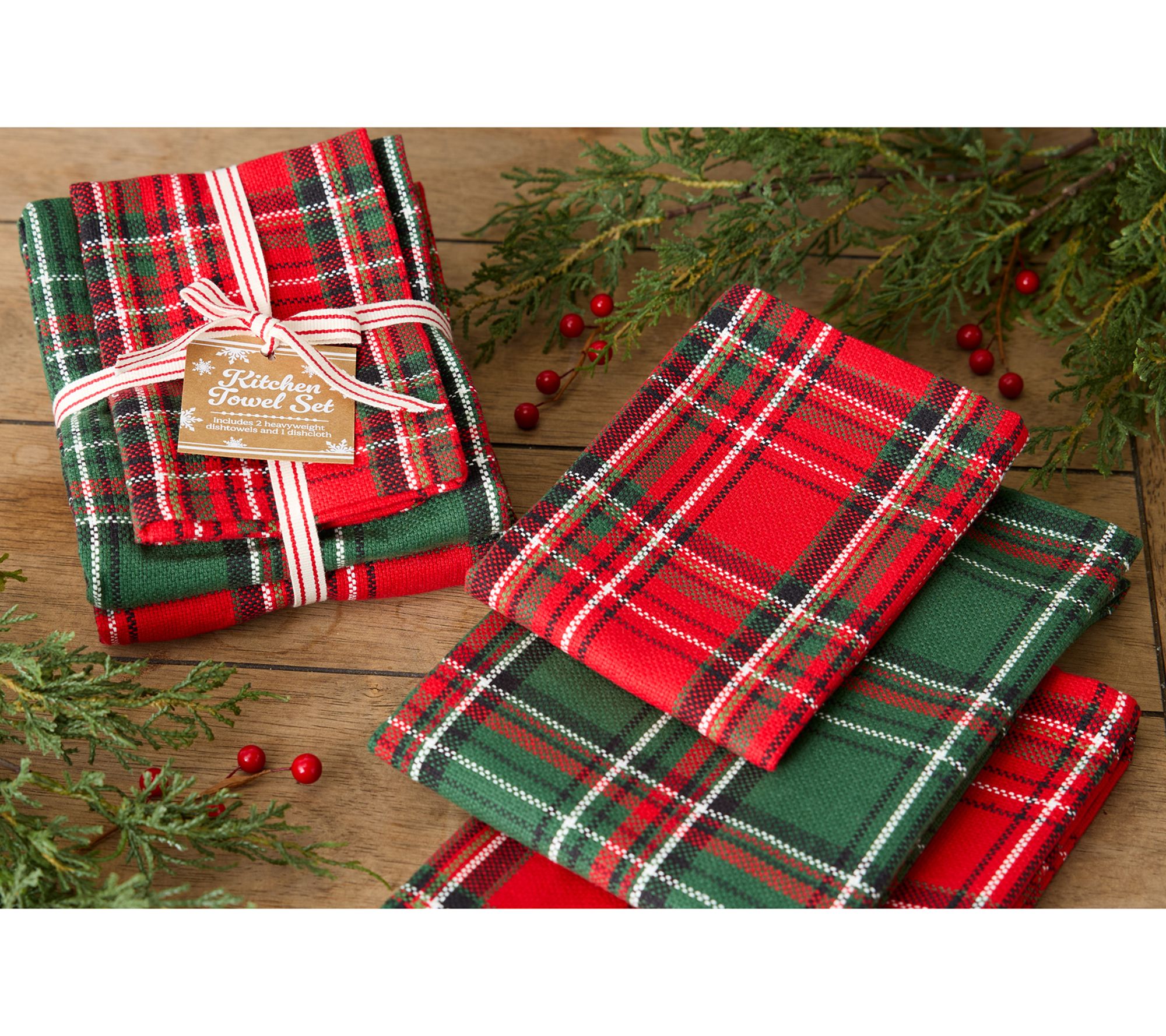 Design Imports S/3 Boughs Of Holly Plaid Kitchen Linens - QVC.com
