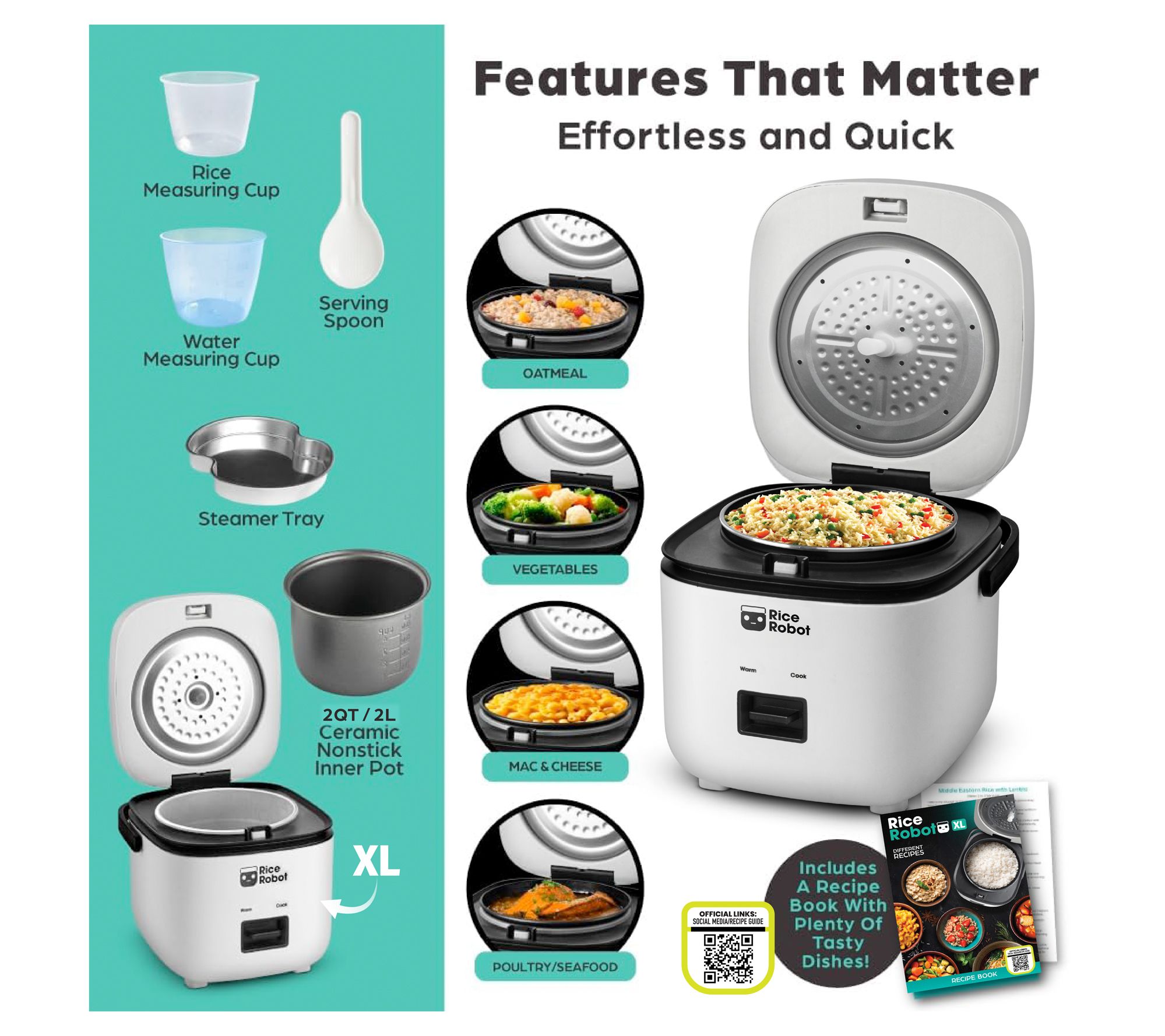 Rice Robot XL 2L Space Saving Ceramic NonstickRice Cooker - QVC.com