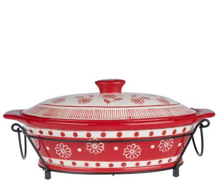Temp-tations Daisy Set of 2 Oval Covered Bakers with Racks & Trivets ...