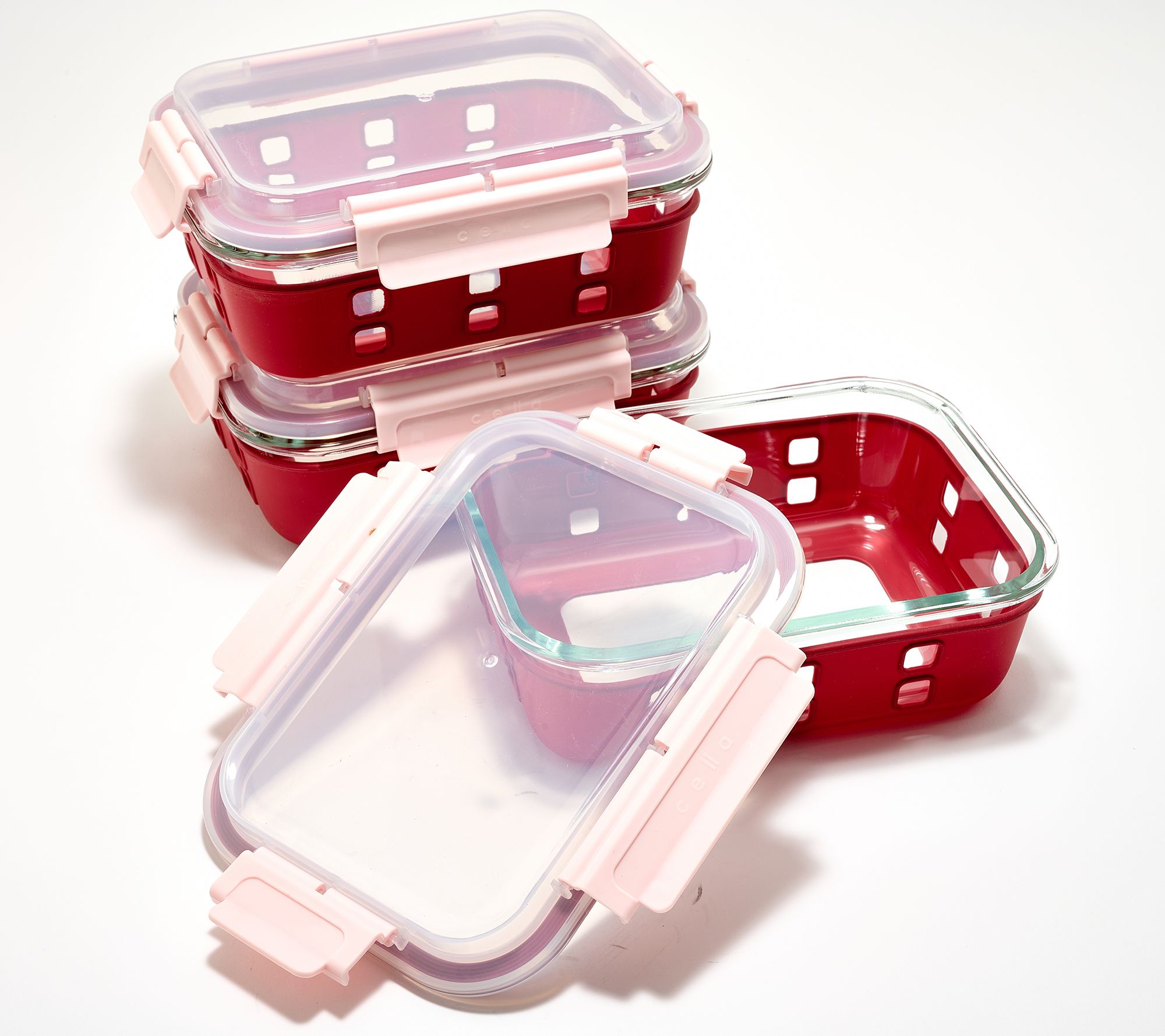 Cella S/(3) 6-Cup Rectangle GlassContainers w/ Domed Lid & Silicone ...