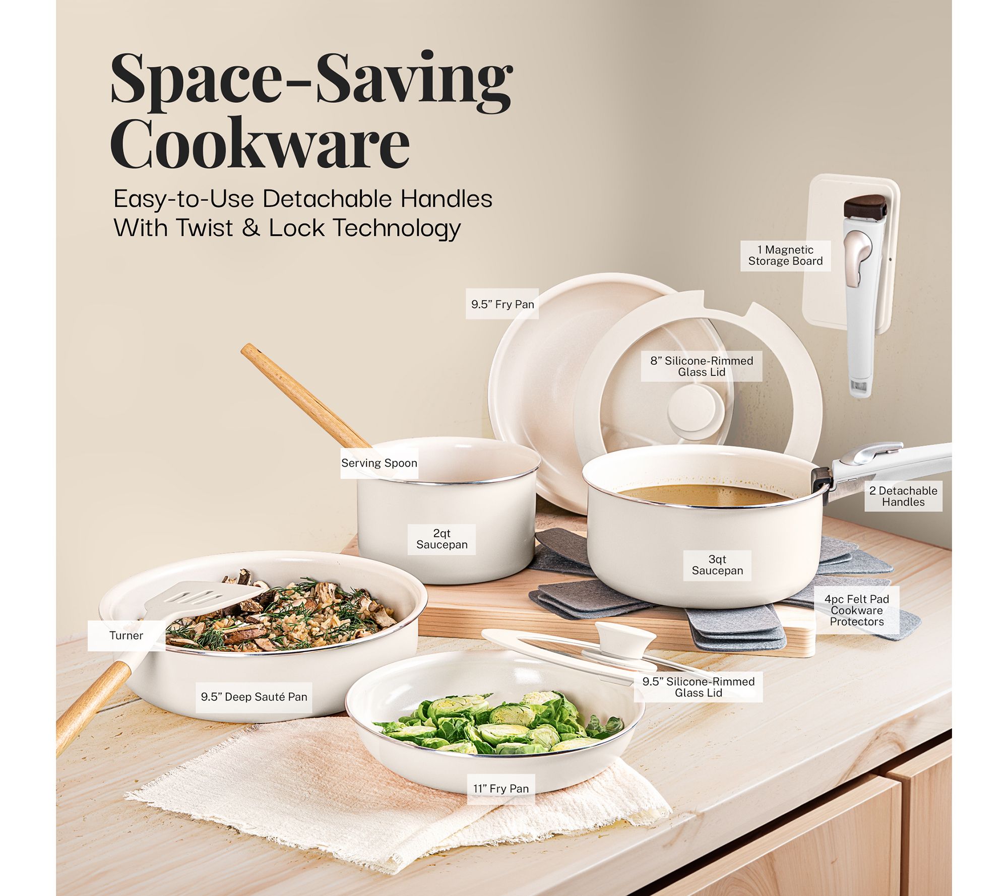 Gotham Steel Cream 18 Piece Detachable Handle Cookware Set - QVC.com