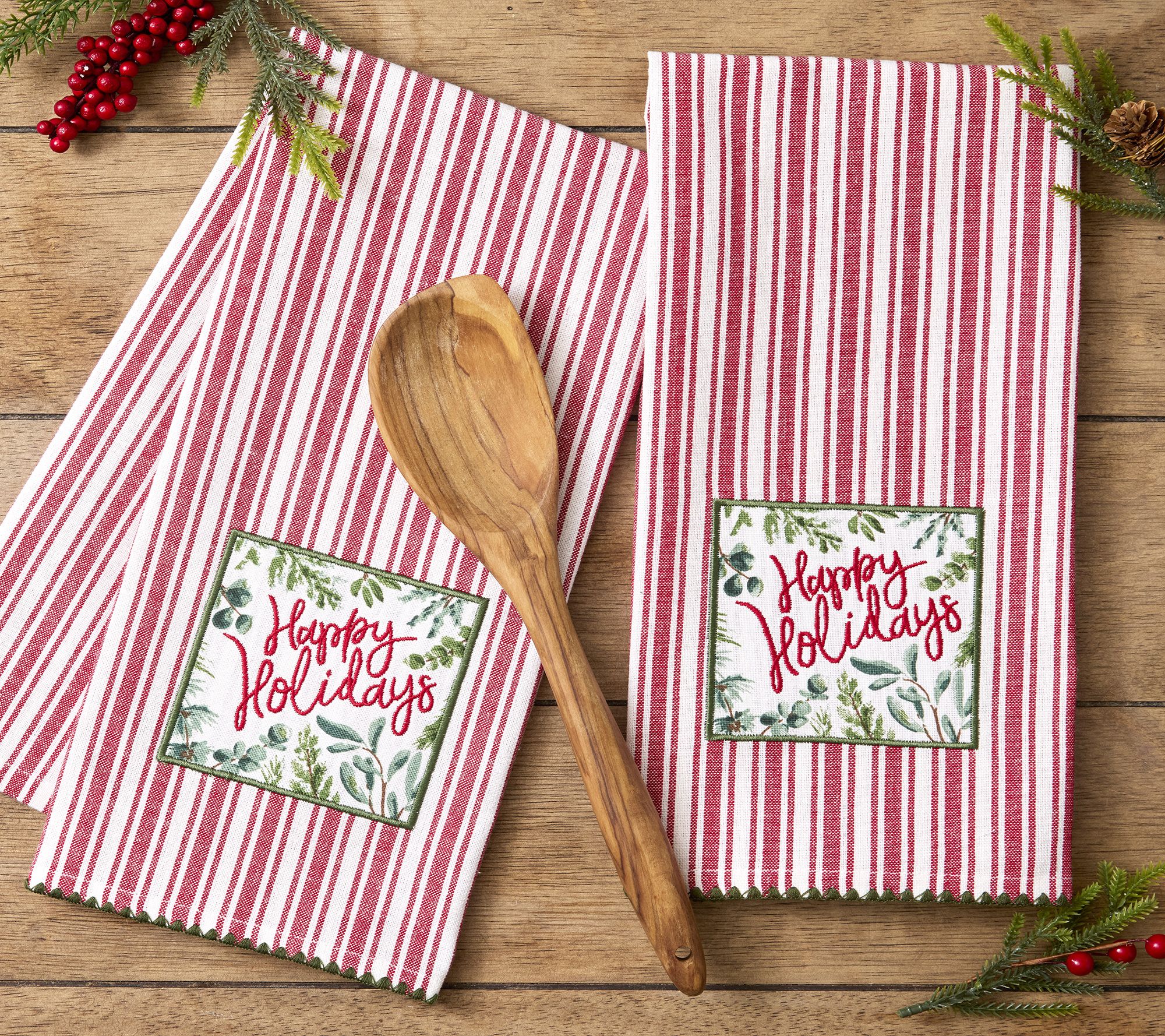 Design Imports Set/2 Happy Hol idays Embellish ed Kitchen Towe - QVC.com