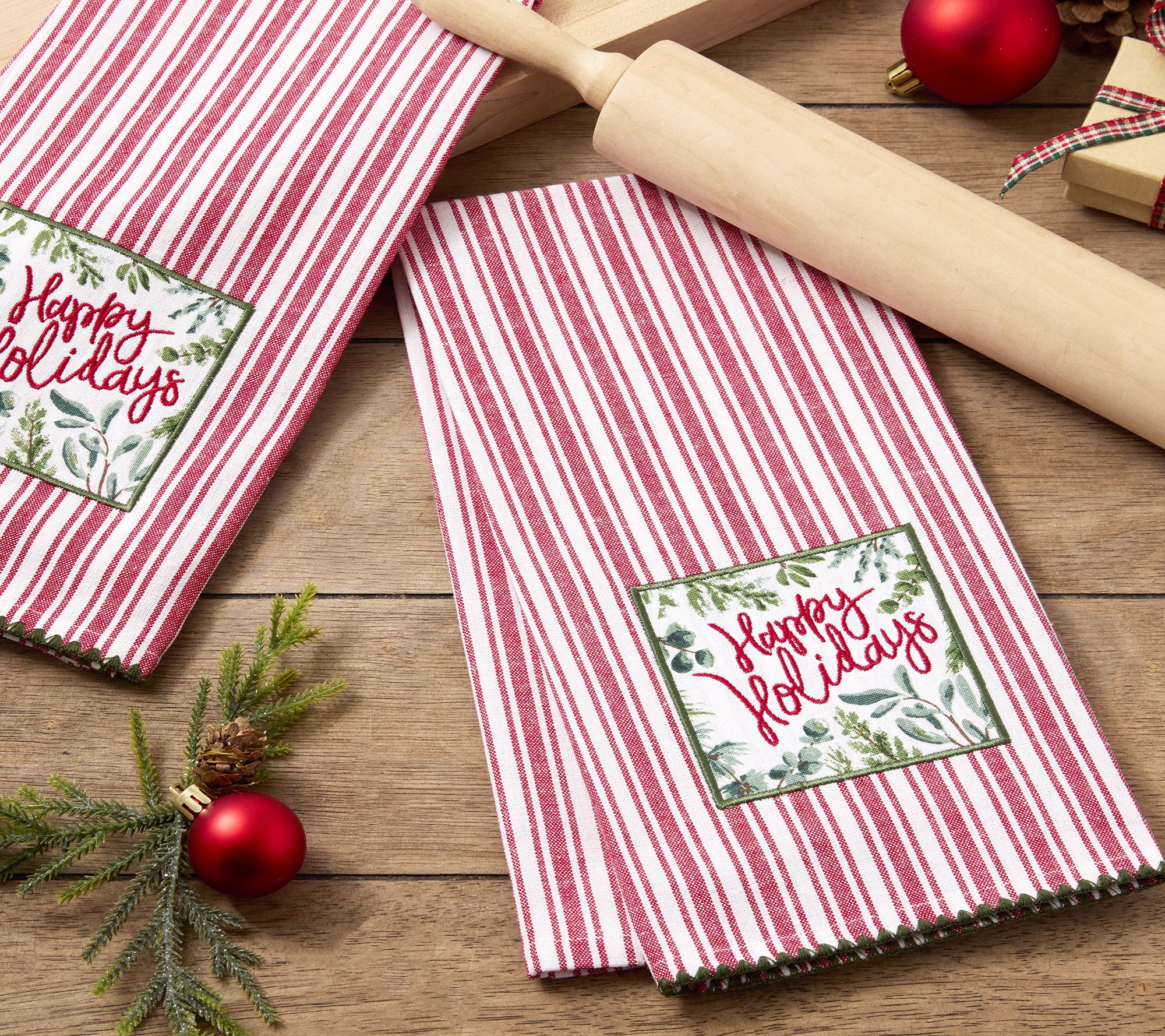 Design Imports Set/2 Happy Hol idays Embellish ed Kitchen Towe - QVC.com