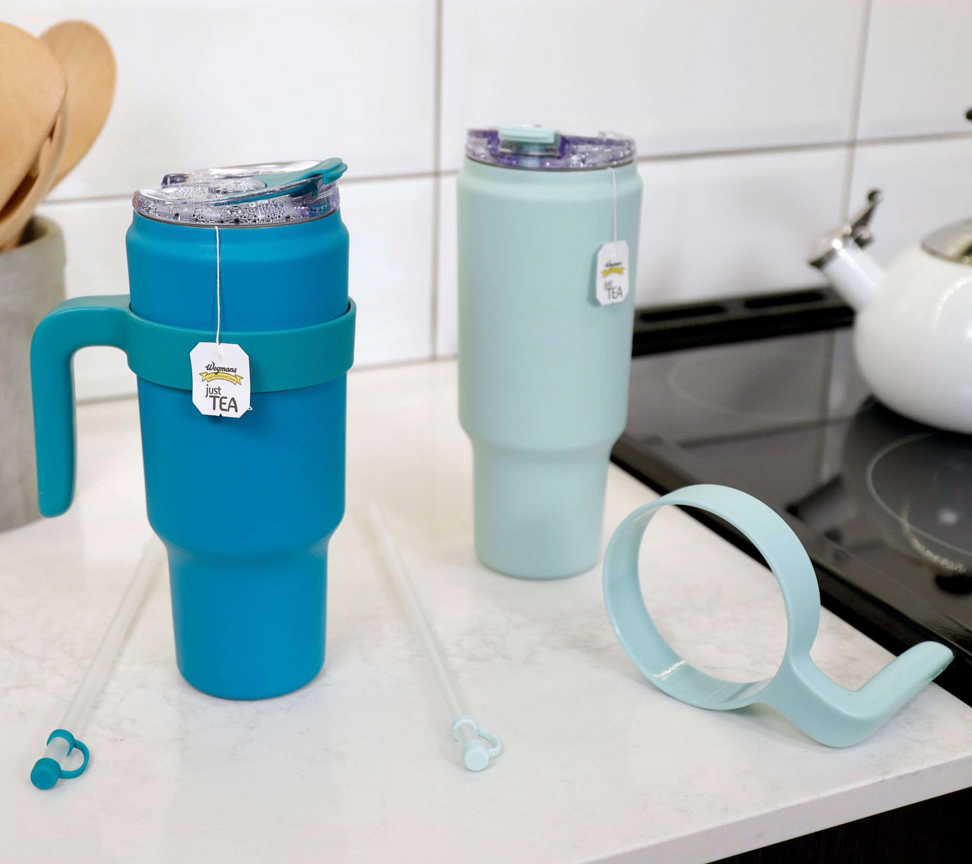Primula Set of (2) 40-oz Tumblers w/ Handles and Straw Covers - QVC.com