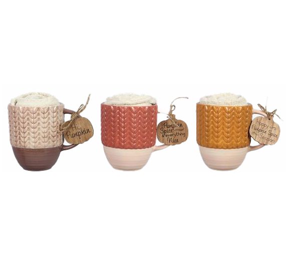 Young's Boho Knit Textured Mug w/ Sock Gift Set, Set of 3 - QVC.com