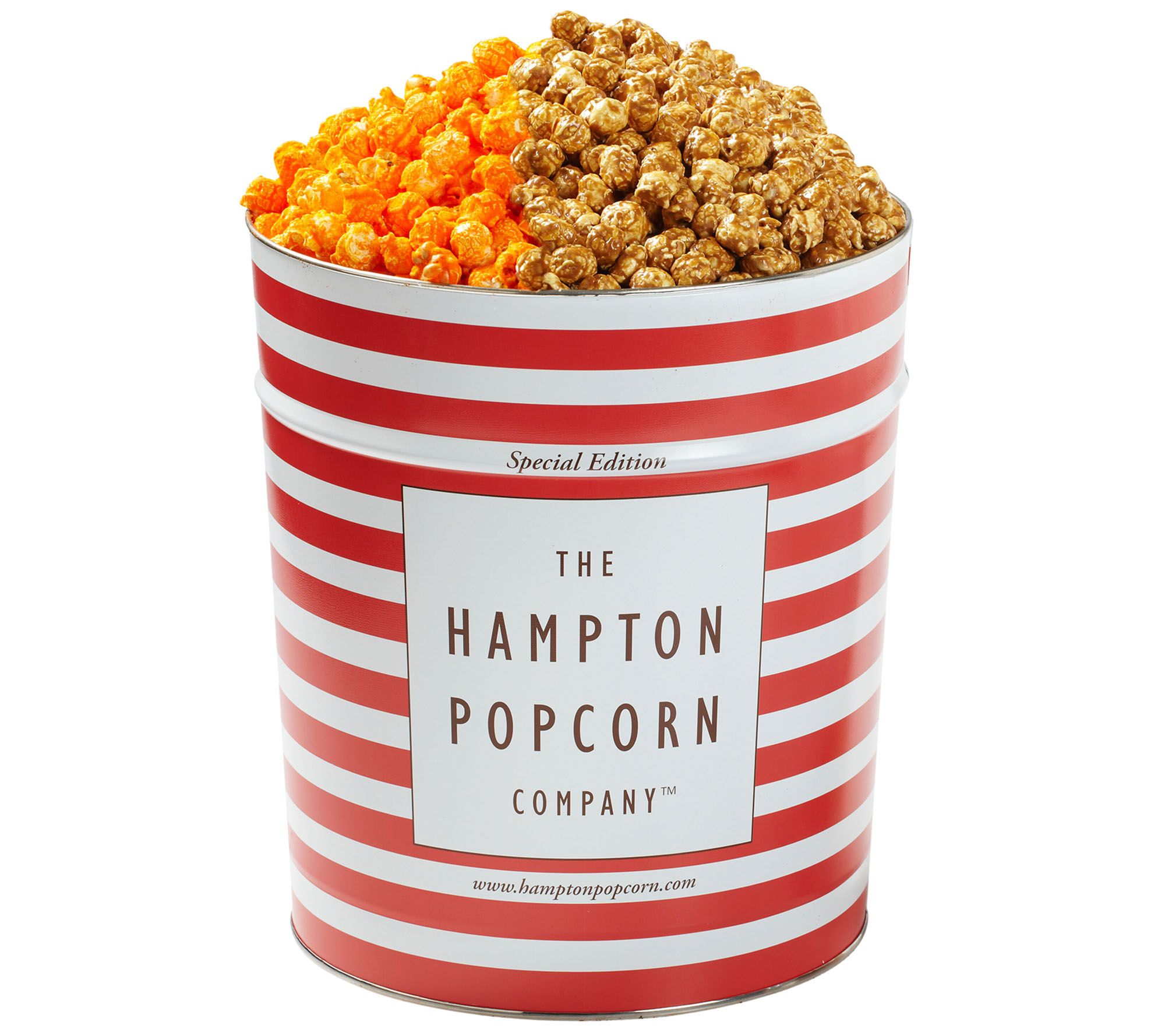 Hampton Popcorn 3.5-Gallon Tin with Orange Cheddar & Caramel - QVC.com