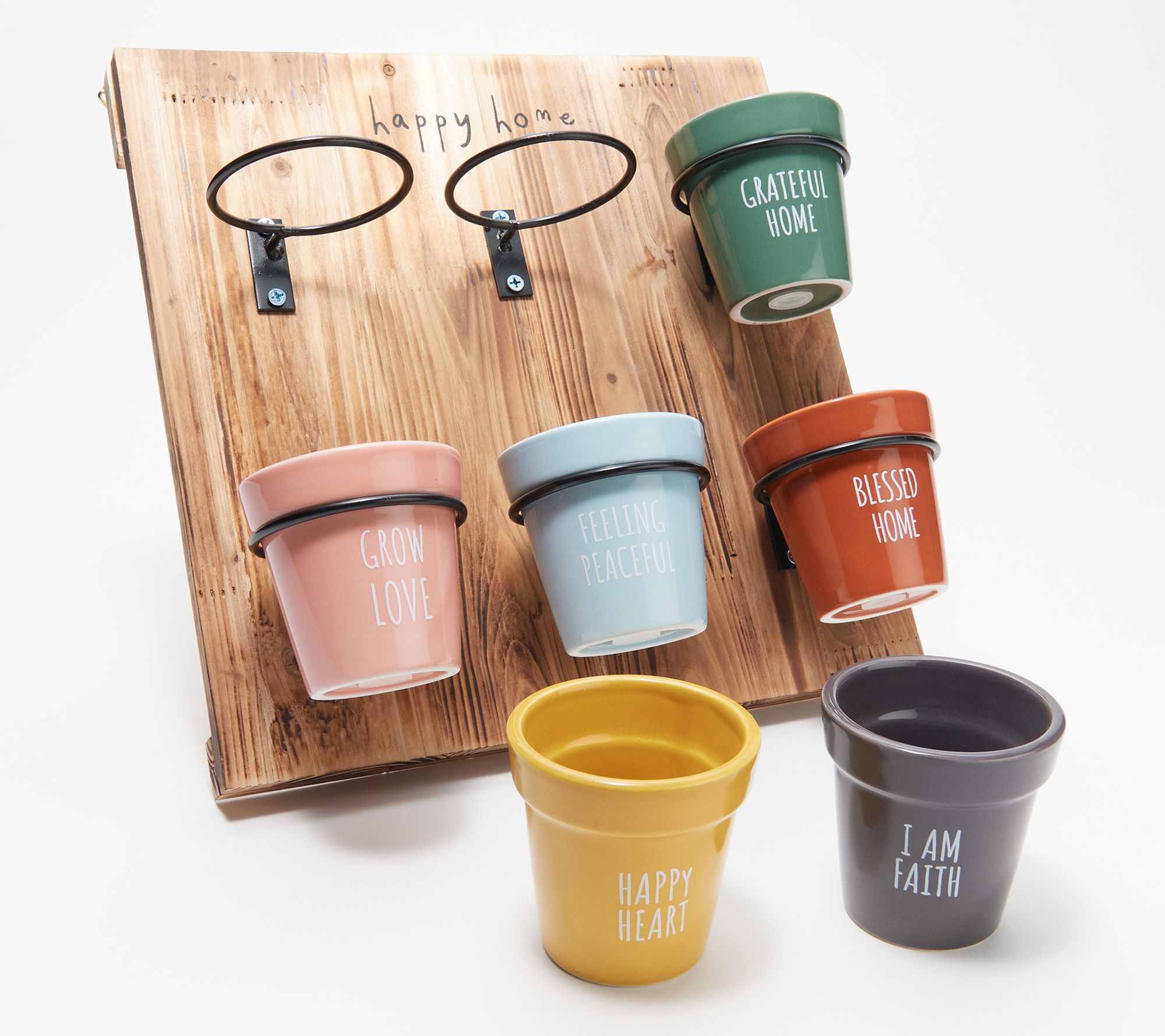 Peace Love World Wooden Plant Stand with 6 Ceramic Pots - QVC.com