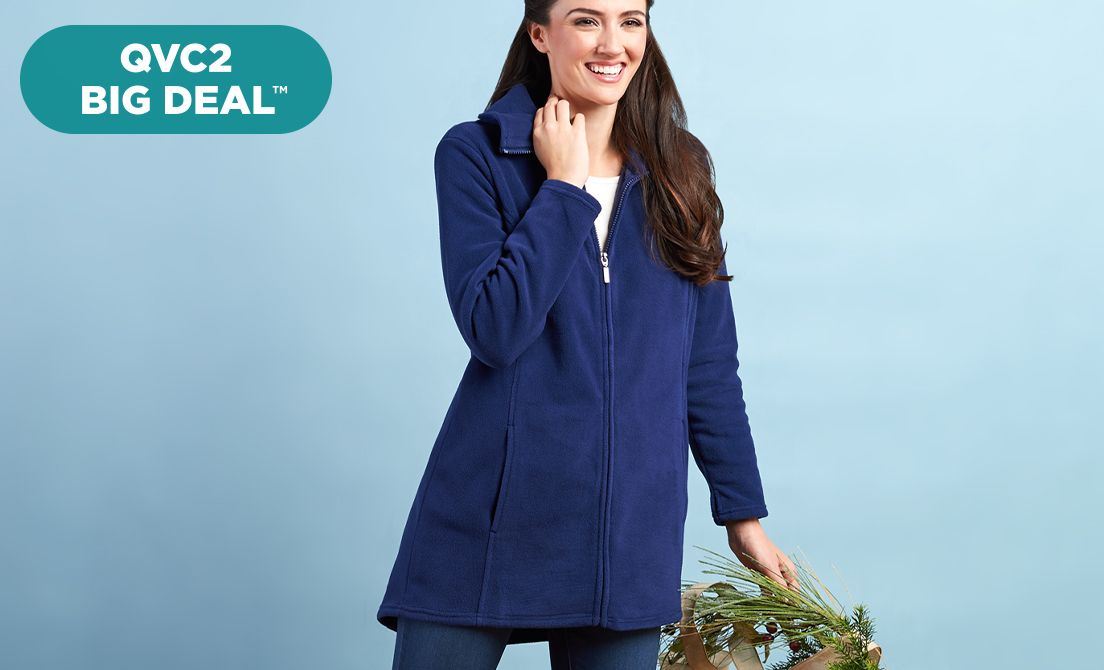 (QVC) Q2 -Denim & Co. Fleece Zip Front Long Sleeve Jacket with Hi-Low ...