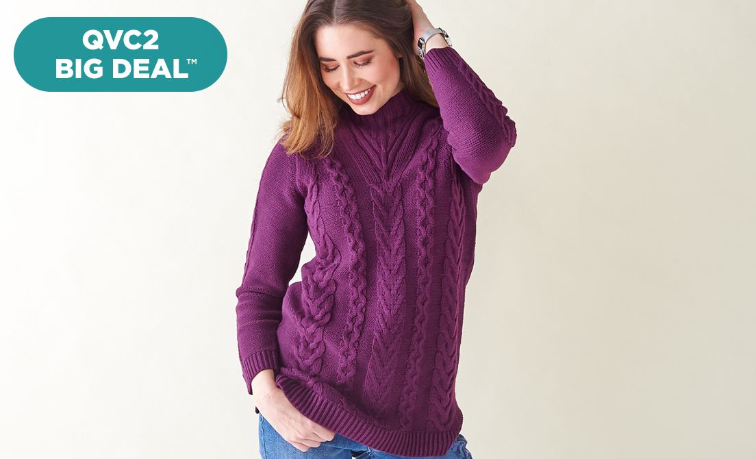 (QVC) Q2 – Denim & Co. Mock Neck Long Sleeve Cable Knit Tunic Sweater ...