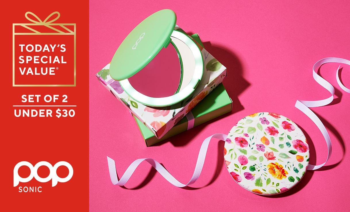 (QVC) Pop Sonic Set of 2 Compact Mirrors w/ 1x/5x Mag & Gift Boxes ...