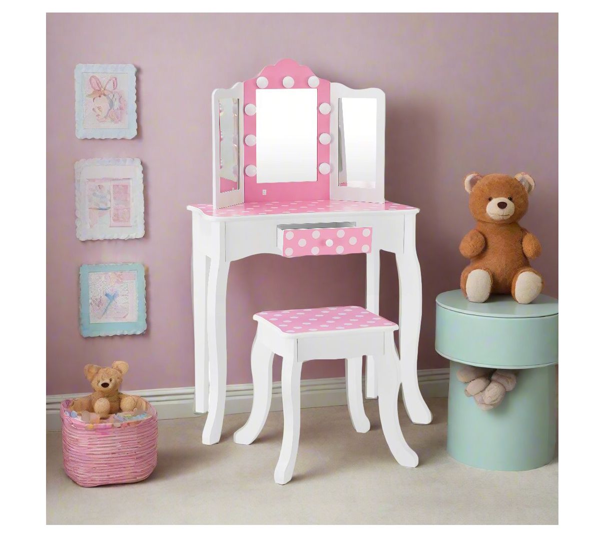 Teamson Kids Gisele Polka Dot Kids Vanity Tableand Stool - QVC.com