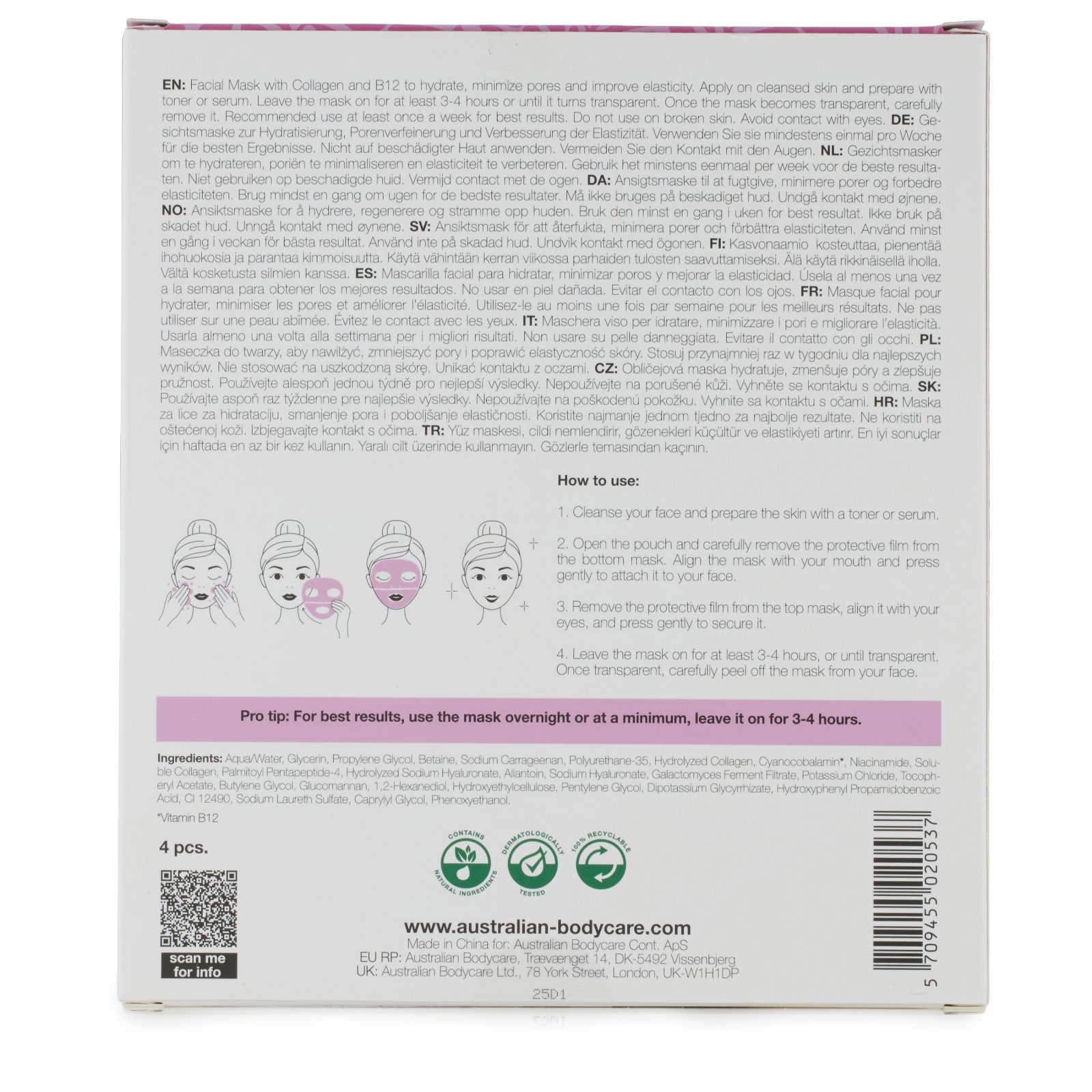 Australian Bodycare B12 Collagen Sheet Mask 4 Pack - QVC UK