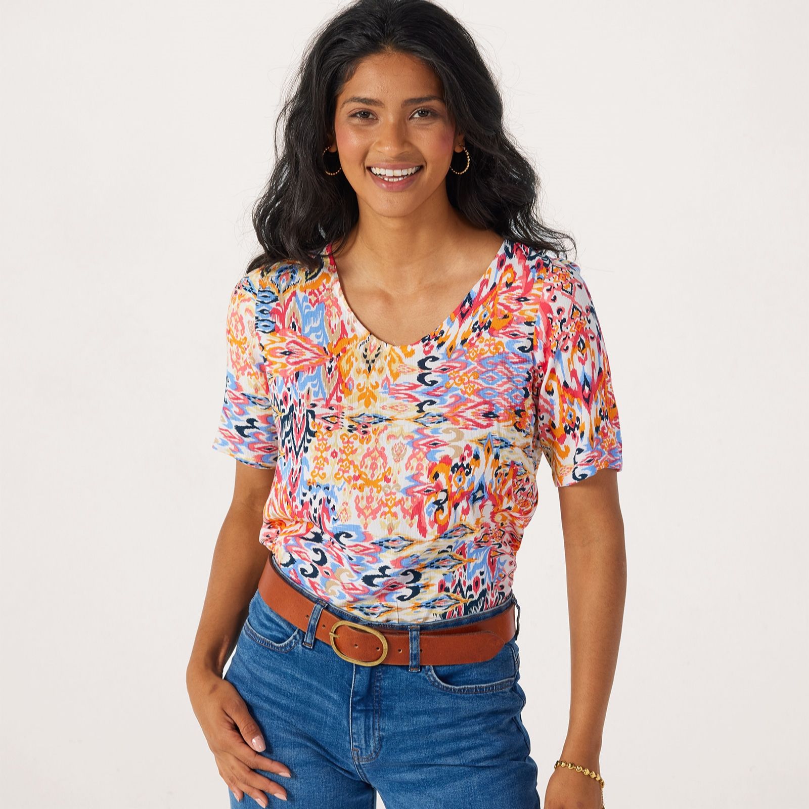 ICHI Marrakech V Neck Short Sleeve Top - QVC UK
