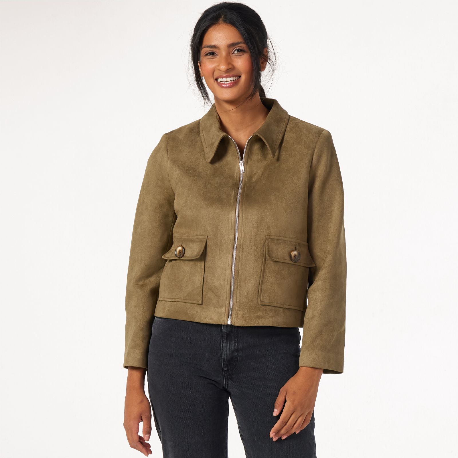 Helene Berman Faux Suede Zip Jacket with Collar - QVC UK