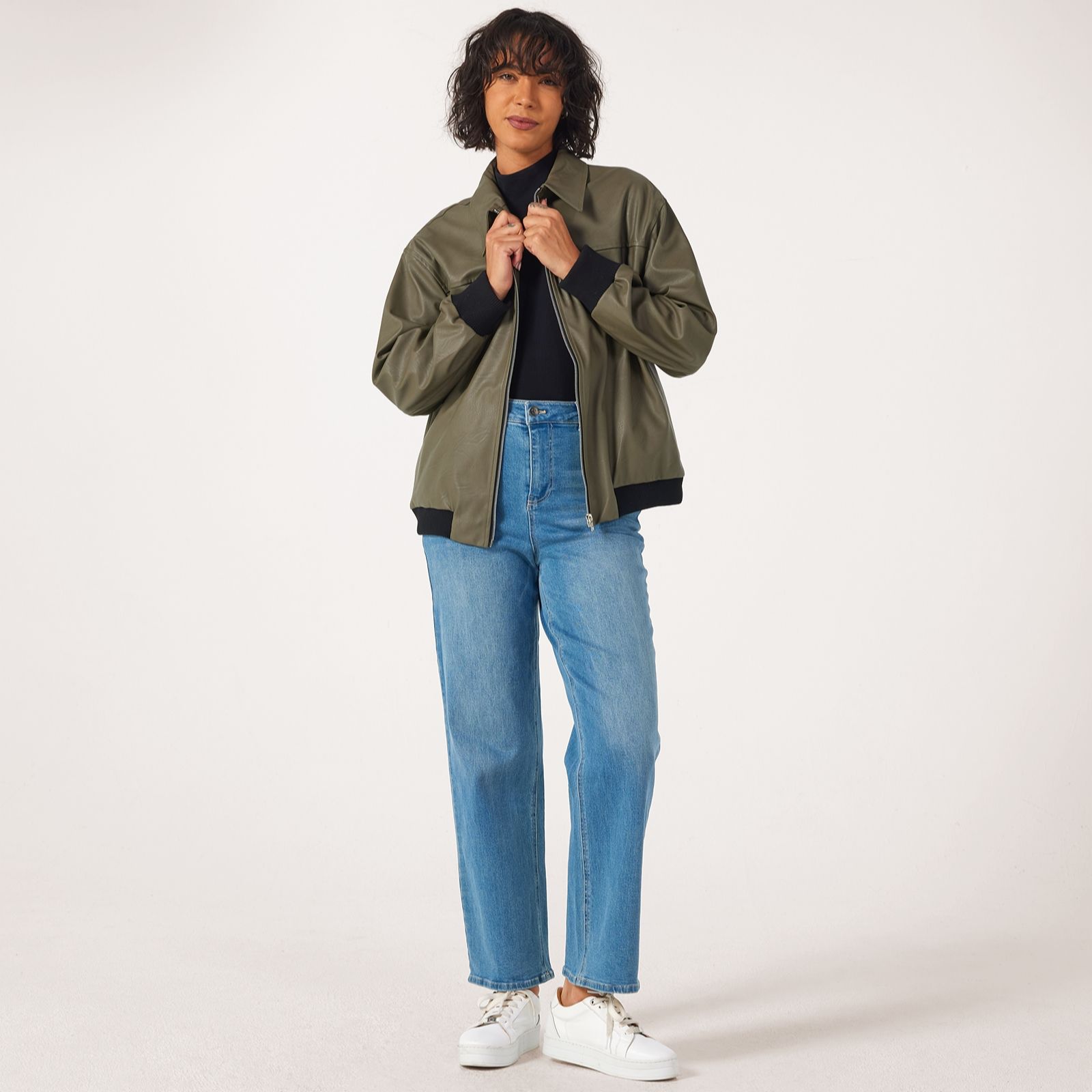 Helene Berman Faux Leather Relaxed Zip Up Bomber Jacket - QVC UK