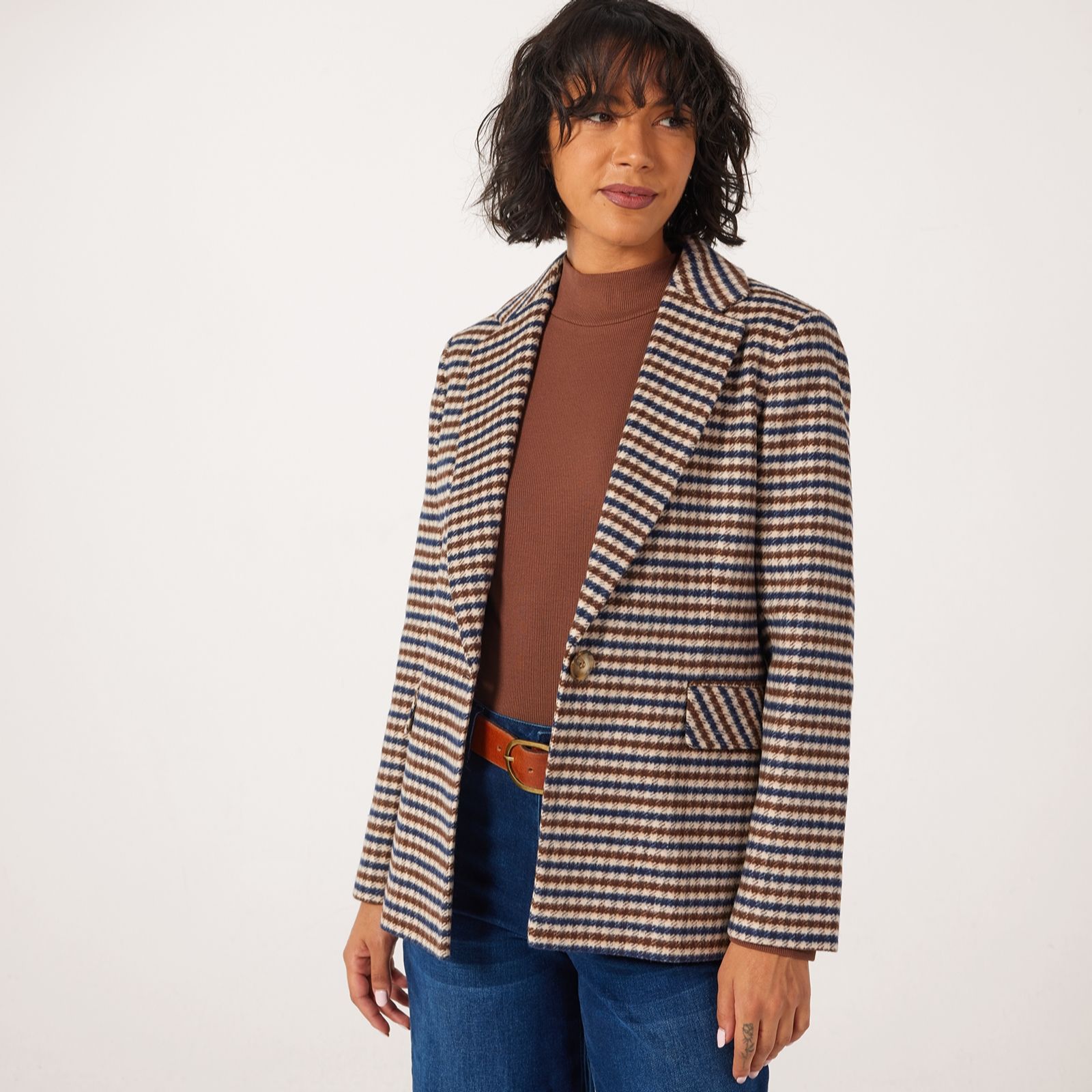 Helene Berman Brown & Navy Miniature Check Longline Blazer - QVC UK