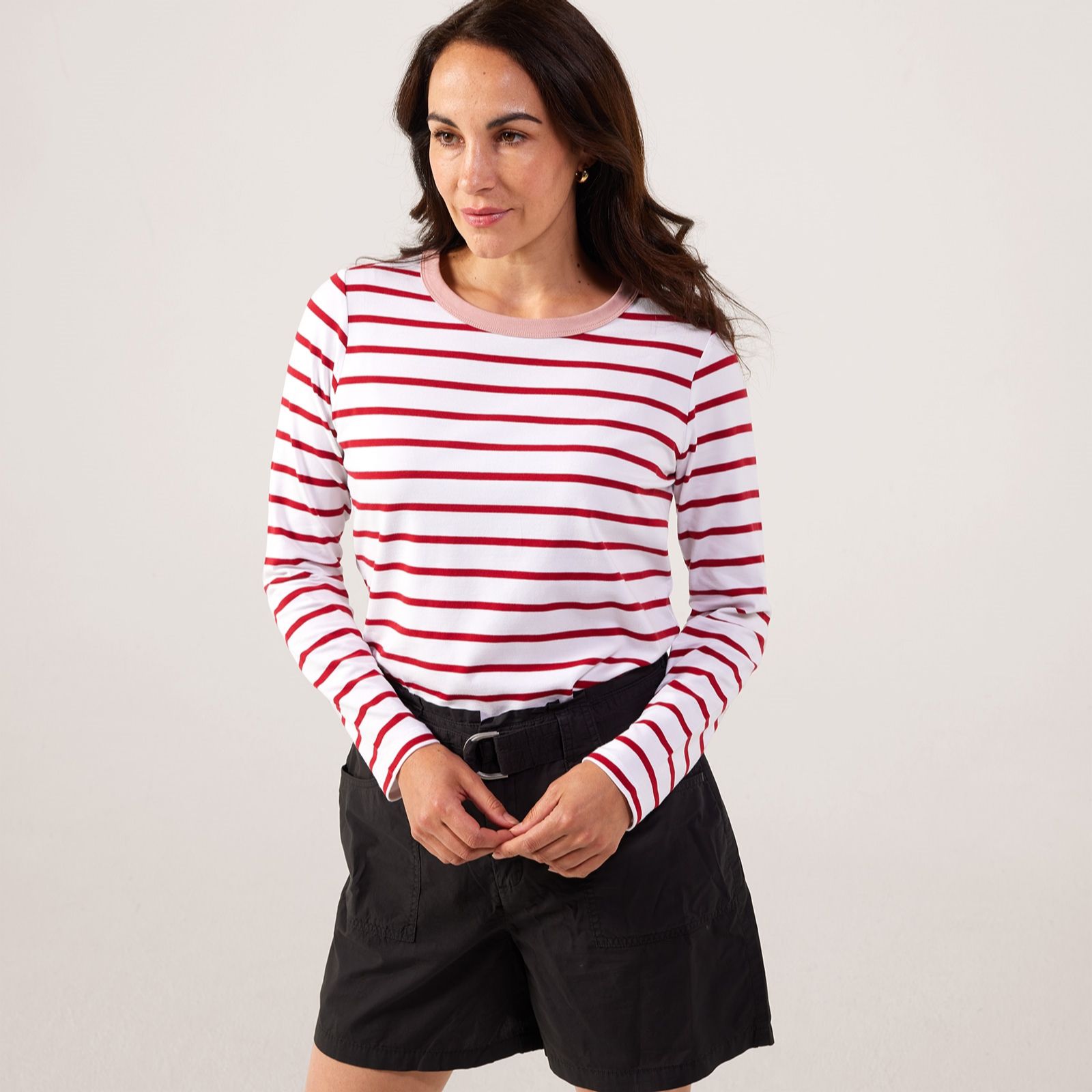 Denim & Co. Ribbed Stripe Top Contrast Collar - QVC UK