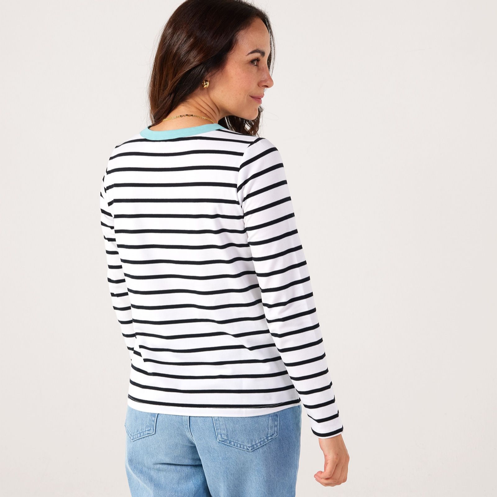 Denim & Co. Ribbed Stripe Top Contrast Collar - QVC UK