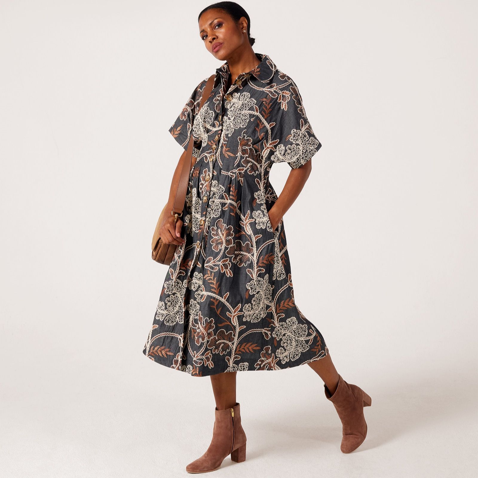 Helene Berman Embroidered Denim Pleated Waist Dress - QVC UK