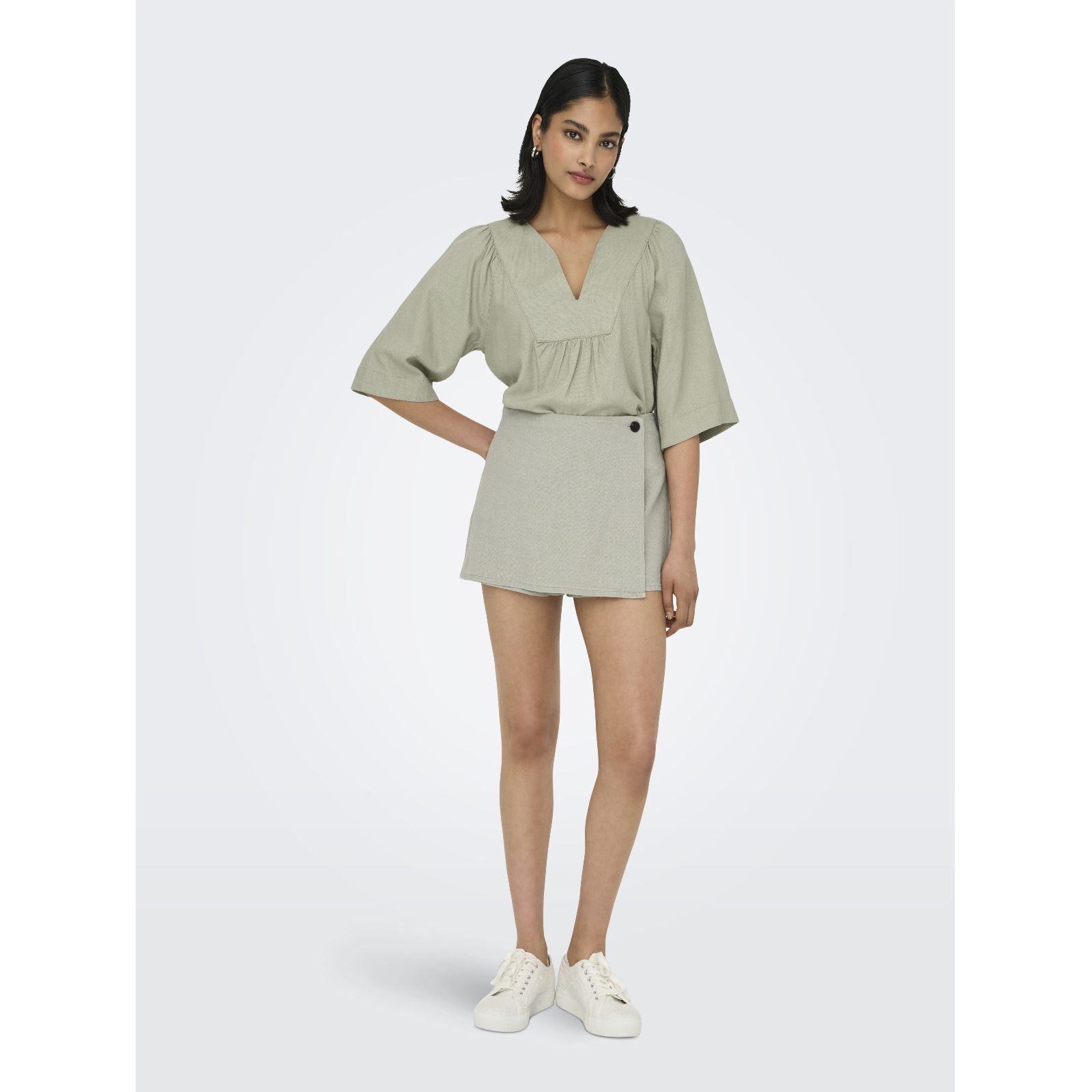 Only Caro Linen Blend V-Neck Top - QVC UK