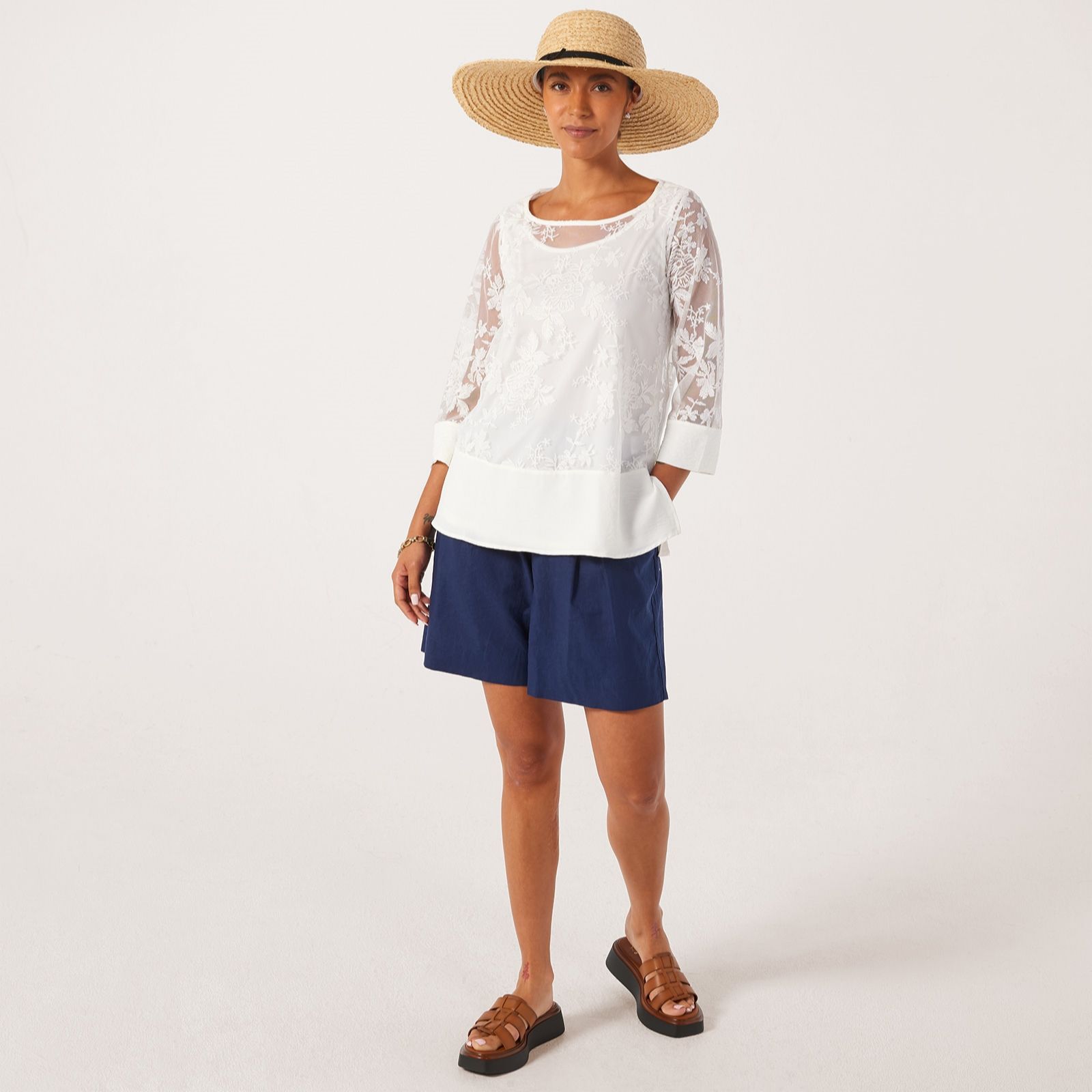 Nina Leonard Boxy Tunic With See Through Embroidery Mesh & Tank Lining ...