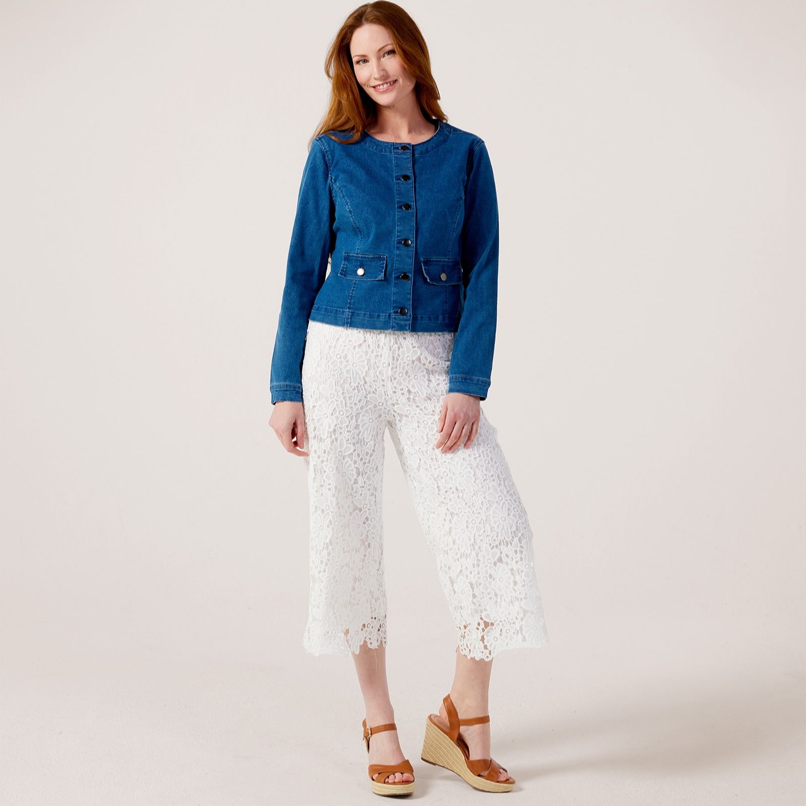 Nina Leonard Mandarin Tailored Denim Stretch Jacket with Pockets - QVC UK