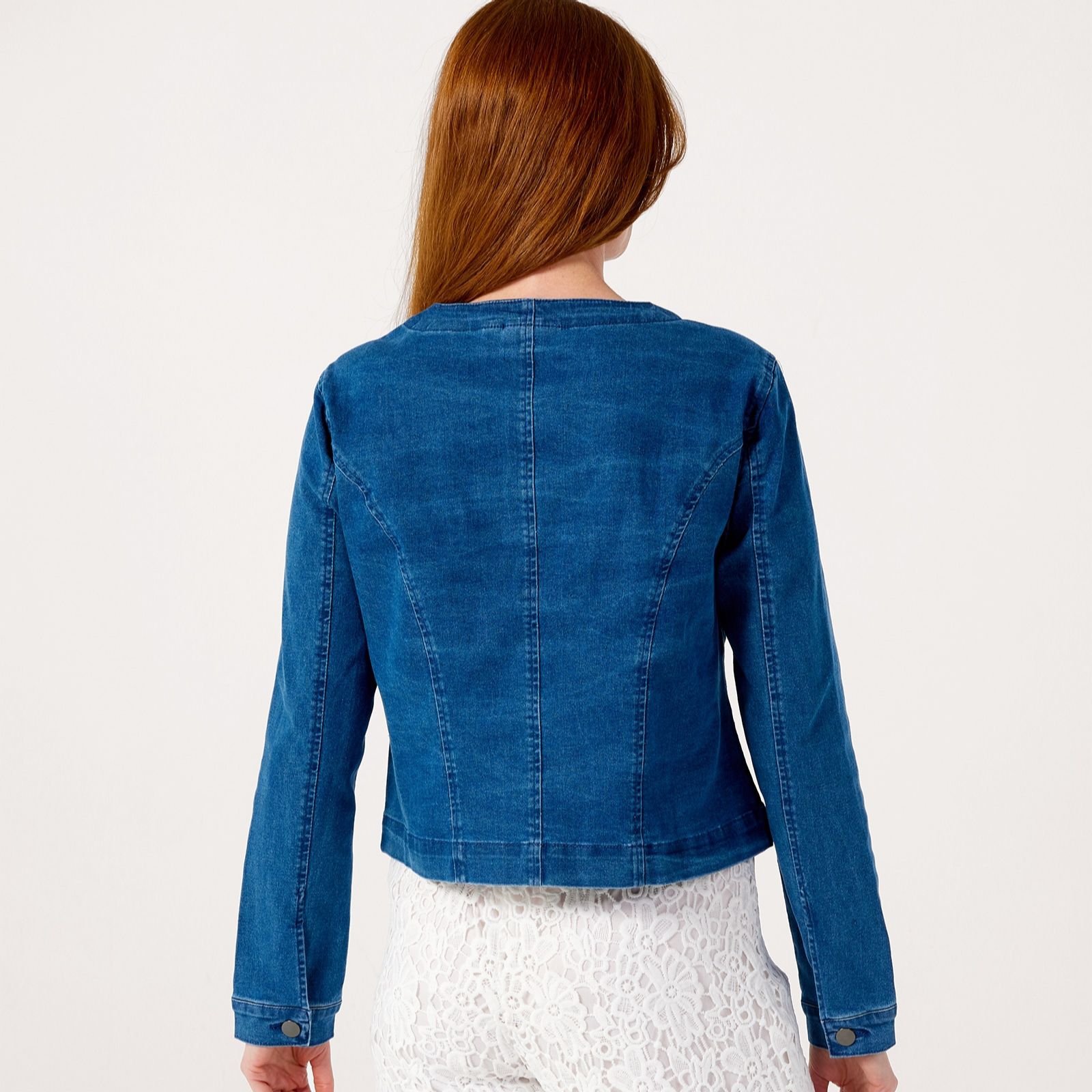 Nina Leonard Mandarin Tailored Denim Stretch Jacket with Pockets - QVC UK