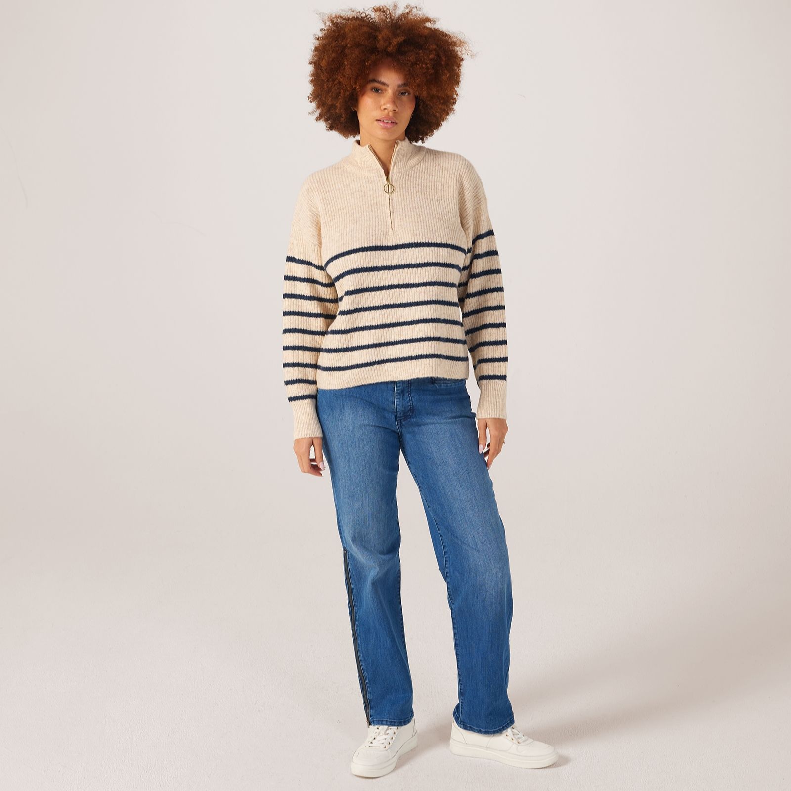 Only High Neck Half Zip Stripe Knitted Jumper - QVC UK