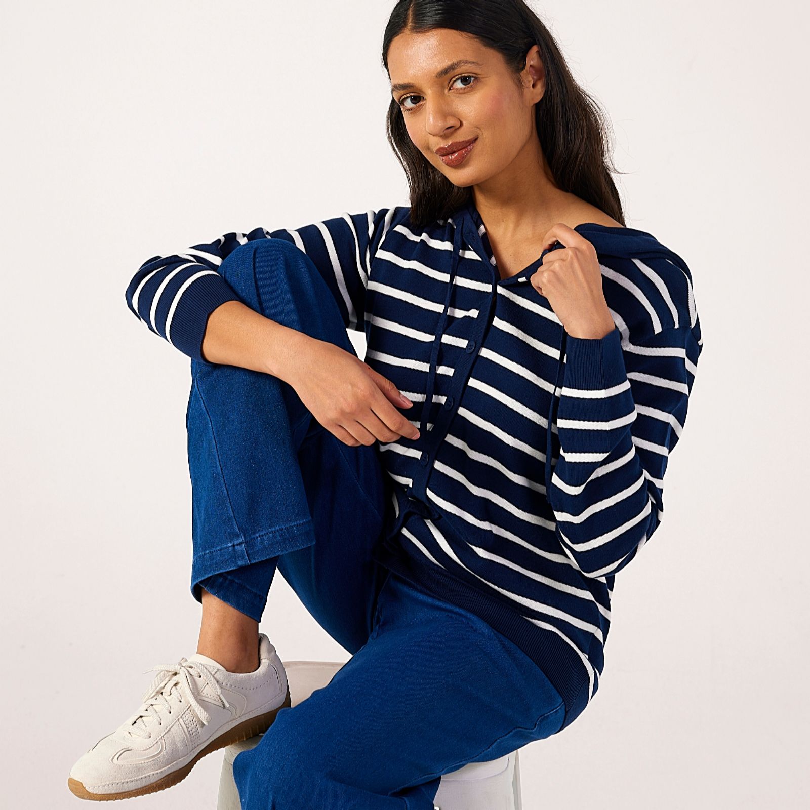 Denim & Co. Stripe Button-Through Hoodie - QVC UK