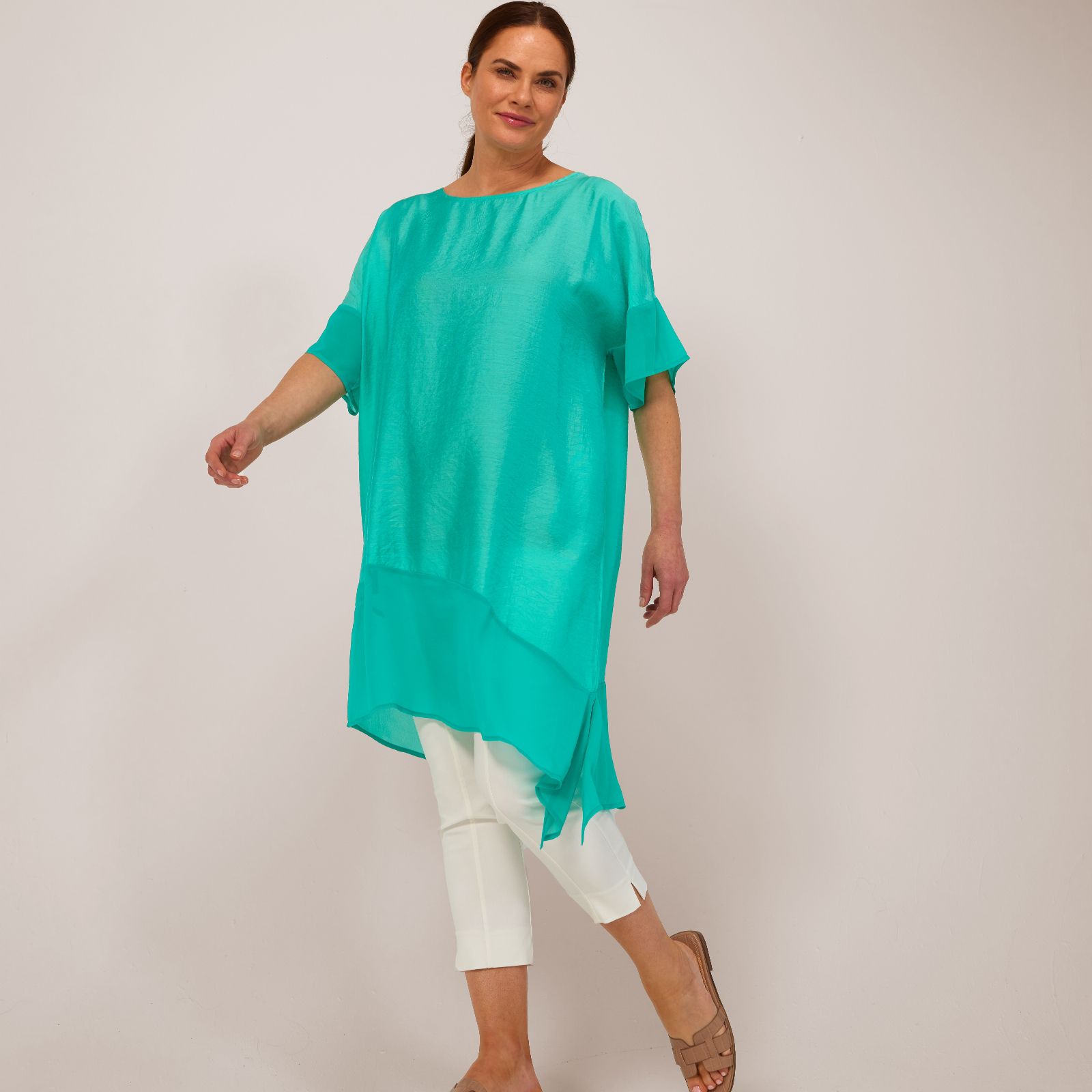 Frank Usher Asymmetric Tunic with Chiffon Panel to Hemline & Cuffs - QVC UK