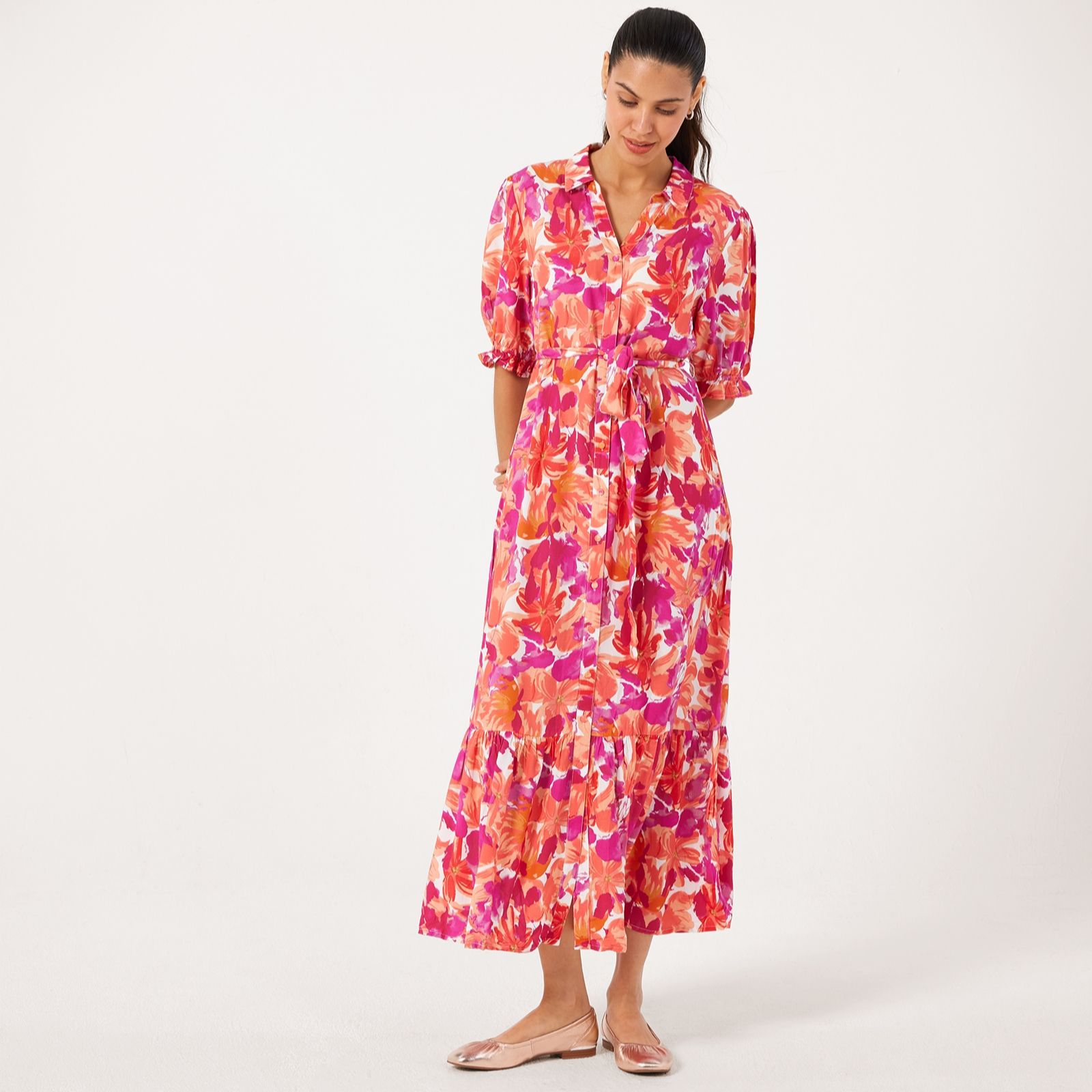 Izabel London Floral Print Tie Waist Maxi Dress - QVC UK