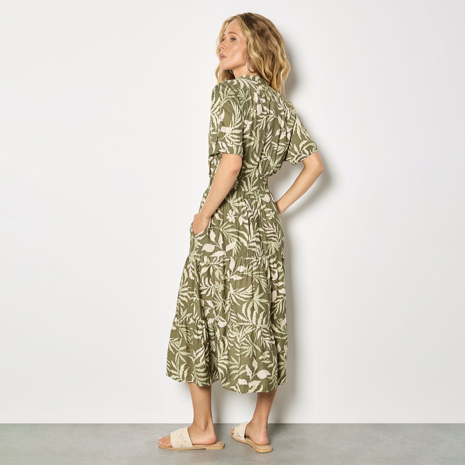 Apricot Palm Print Zip Front Tiered Dress - QVC UK