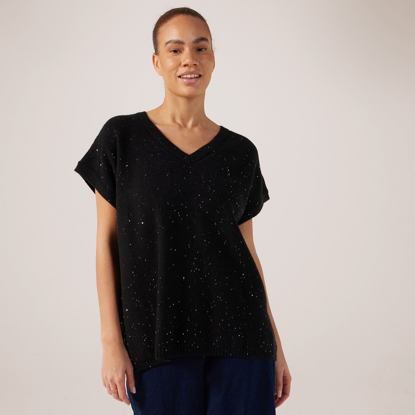 Malissa J Sequin Detail Knitted V-Neck Oversized Tabard Style Top - QVC UK
