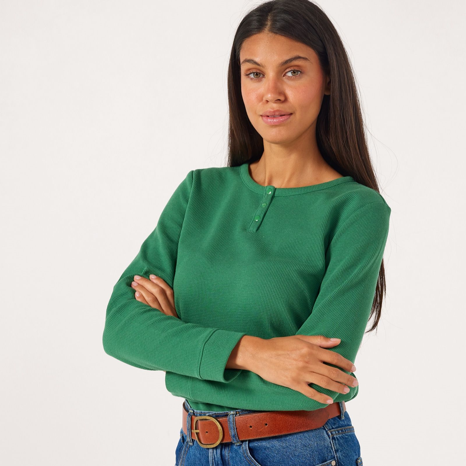 Denim & Co. Essentials 2 Pack Waffle Henley Tops - QVC UK