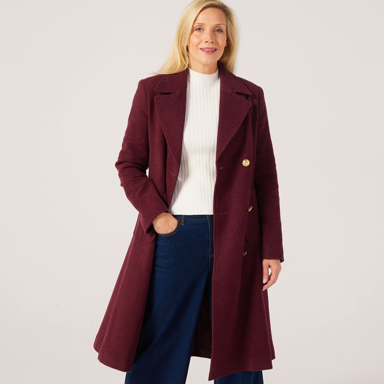 Helene Berman Wool-Blend Military-Style Double-Breasted Coat - QVC UK