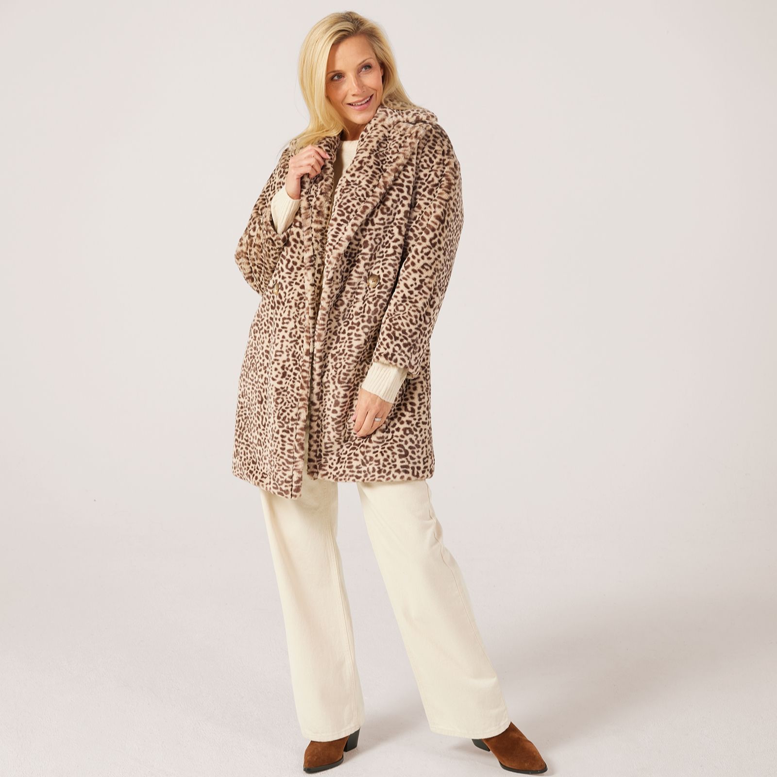 Helene Berman Double-Breasted Faux Fur Animal Coat - QVC UK