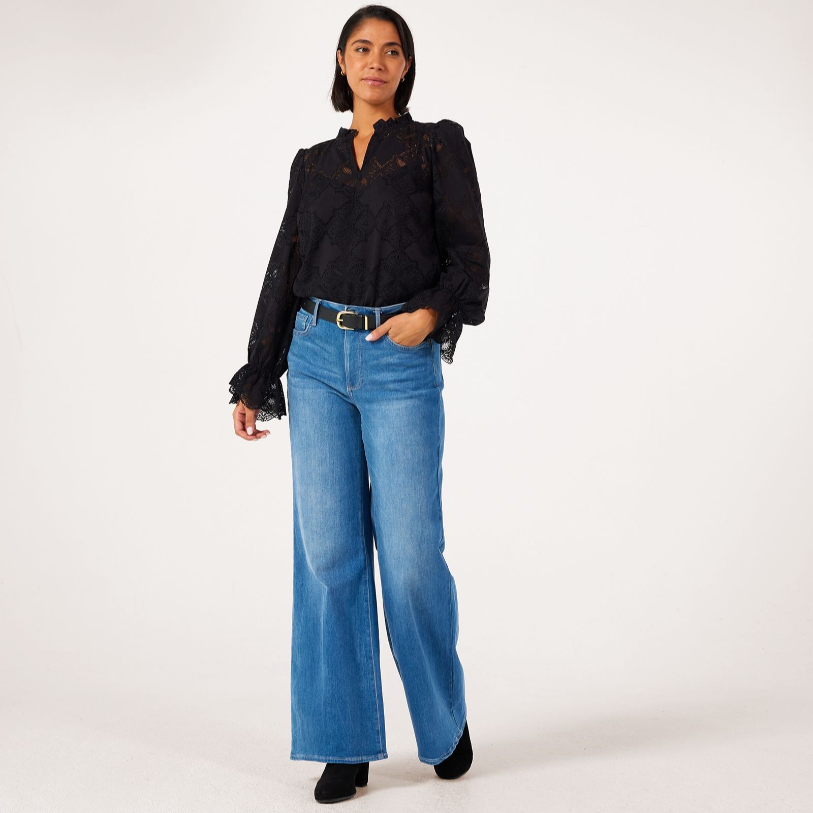 YAS Selmi Cuff Detail Lace Blouse - QVC UK