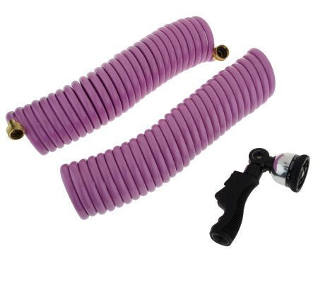 Set of 2 25' Coiled Garden Hoses with 9-Pattern Rotating Nozzle - QVC.com
