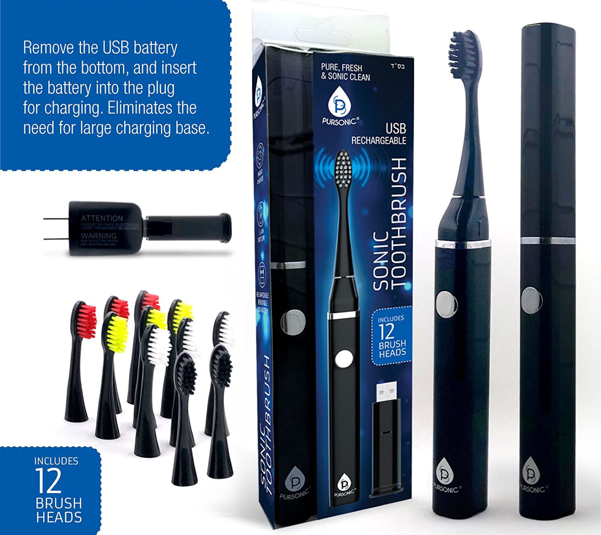 Pursonic USB Charging Toothbrush with 12 brushheads - QVC.com